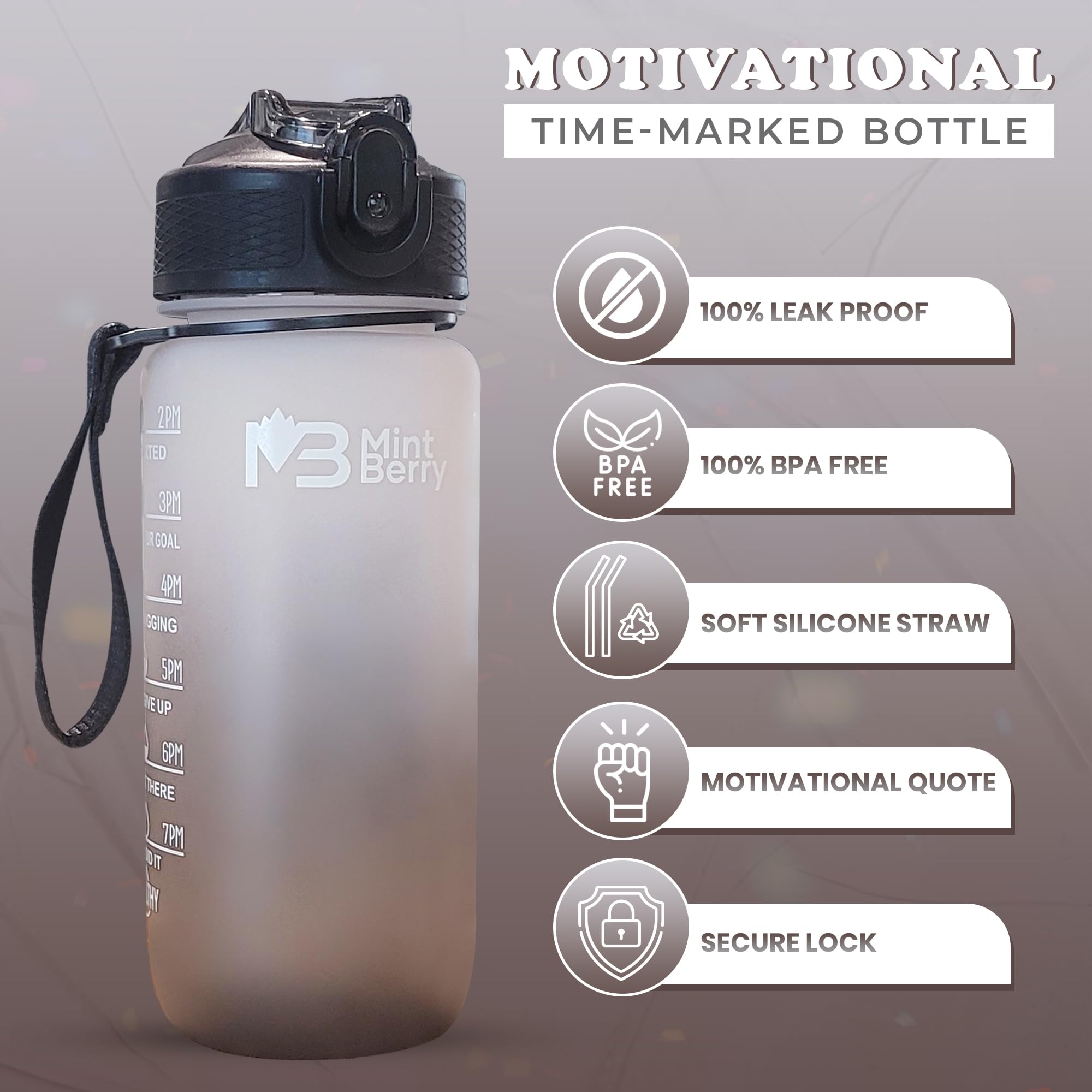 Mint Berry 2 Pack Bundle 20 Oz/Kid Water Bottle with Motivational Time Marker Straw Leakproof BPA Free Reusable Easy Carry Handle Strap For School All Day Drink & Sports Activities (Blue & Grey Black)