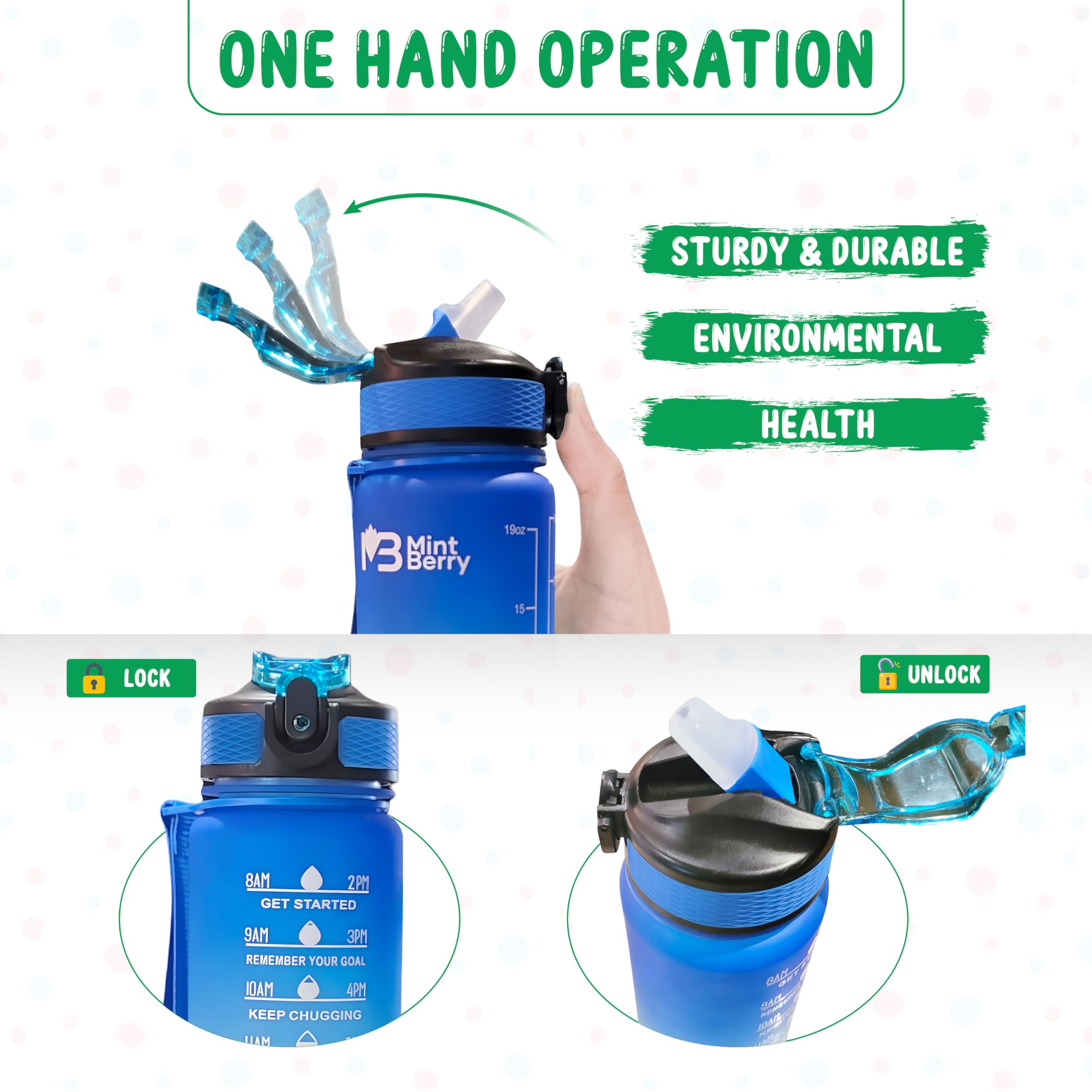 Mint Berry 2 Pack Bundle 20 Oz/Kid Water Bottle with Motivational Time Marker Straw Leakproof BPA Free Reusable Easy Carry Handle Strap For School All Day Drink & Sports Activities (Blue & Grey Black)