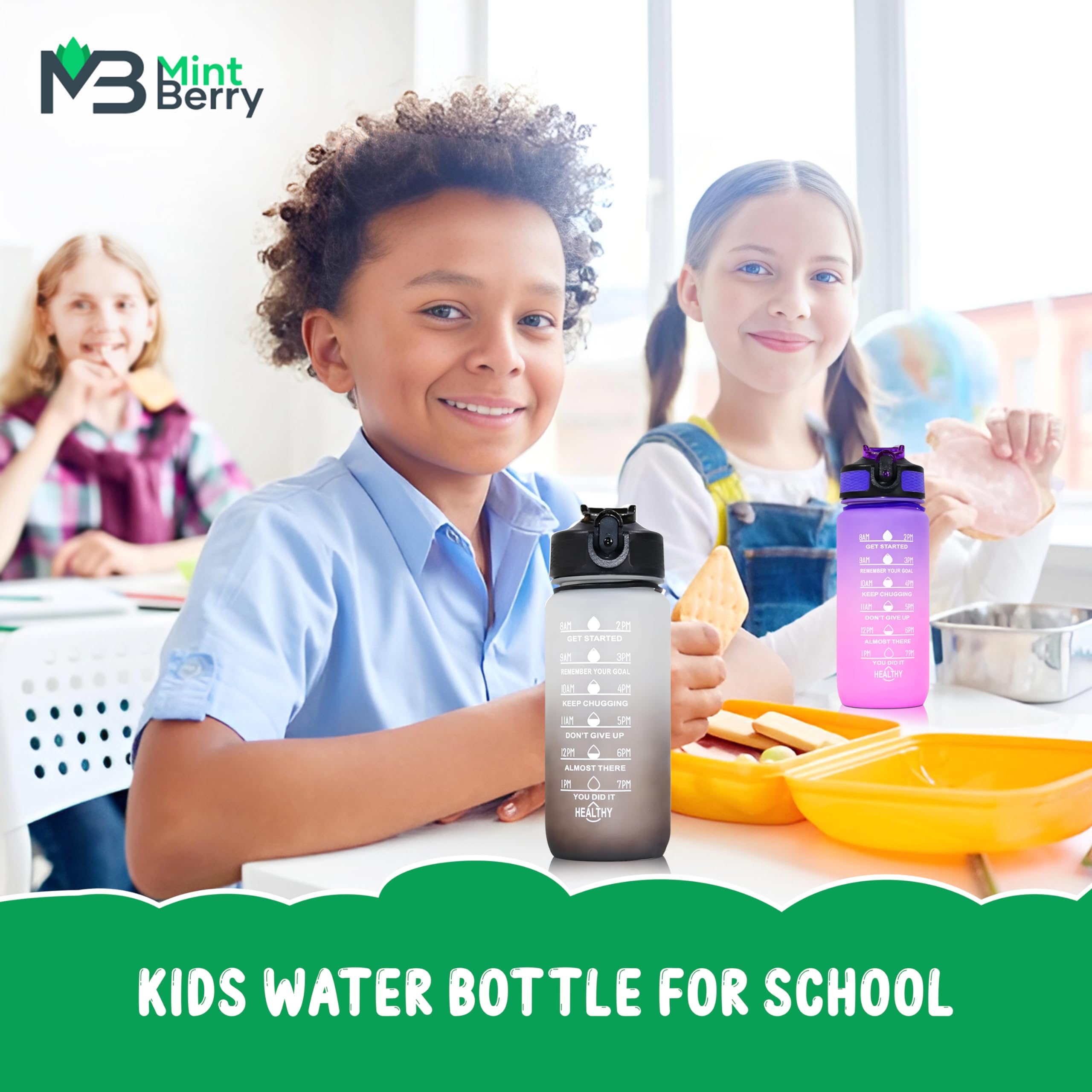 Mint Berry 2 Pack Bundle 20 Oz/Kid Water Bottle with Motivational Time Marker Straw Leakproof BPA Free Reusable Easy Carry Handle Strap For School All Day Drink & Sports Activities (Blue & Grey Black)