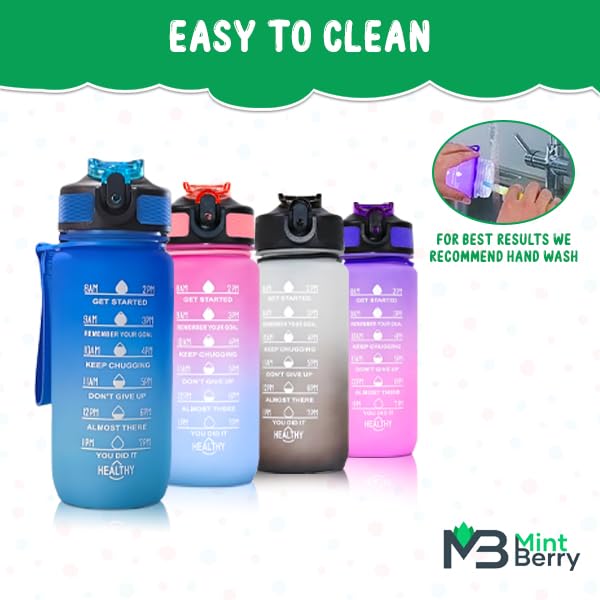 Mint Berry 2 Pack Bundle 20 Oz/Kid Water Bottle with Motivational Time Marker Straw Leakproof BPA Free Reusable Easy Carry Handle Strap For School All Day Drink & Sports Activities (Blue & Grey Black)