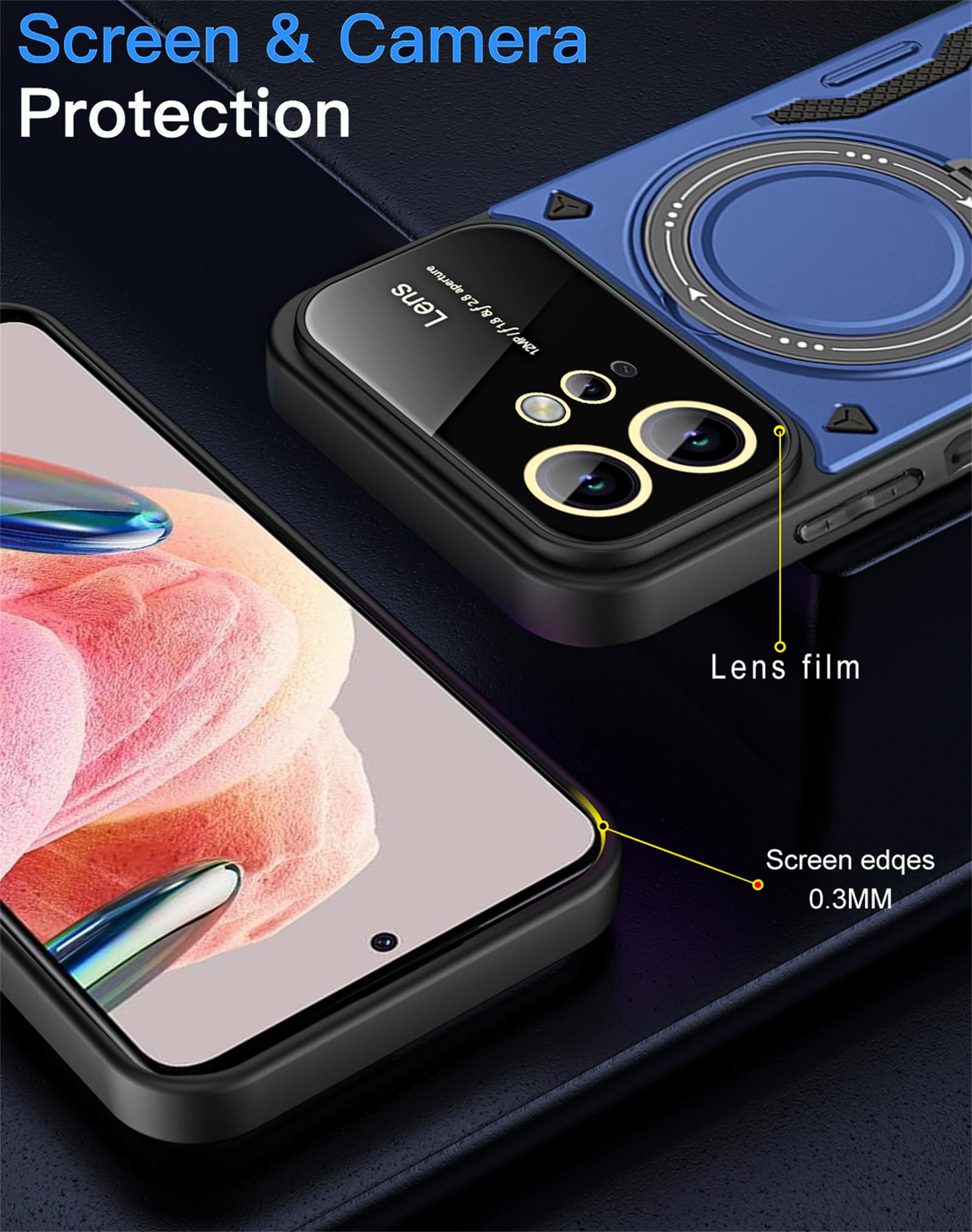 Ephoou Case for Xiaomi Redmi Note 12 4G with Ring Kickstand, Lens All-Inclusive Protection New Large Window Shockproof Anti-Scratch Armor Cover Case for Xiaomi Redmi Note 12 4G YD-Black