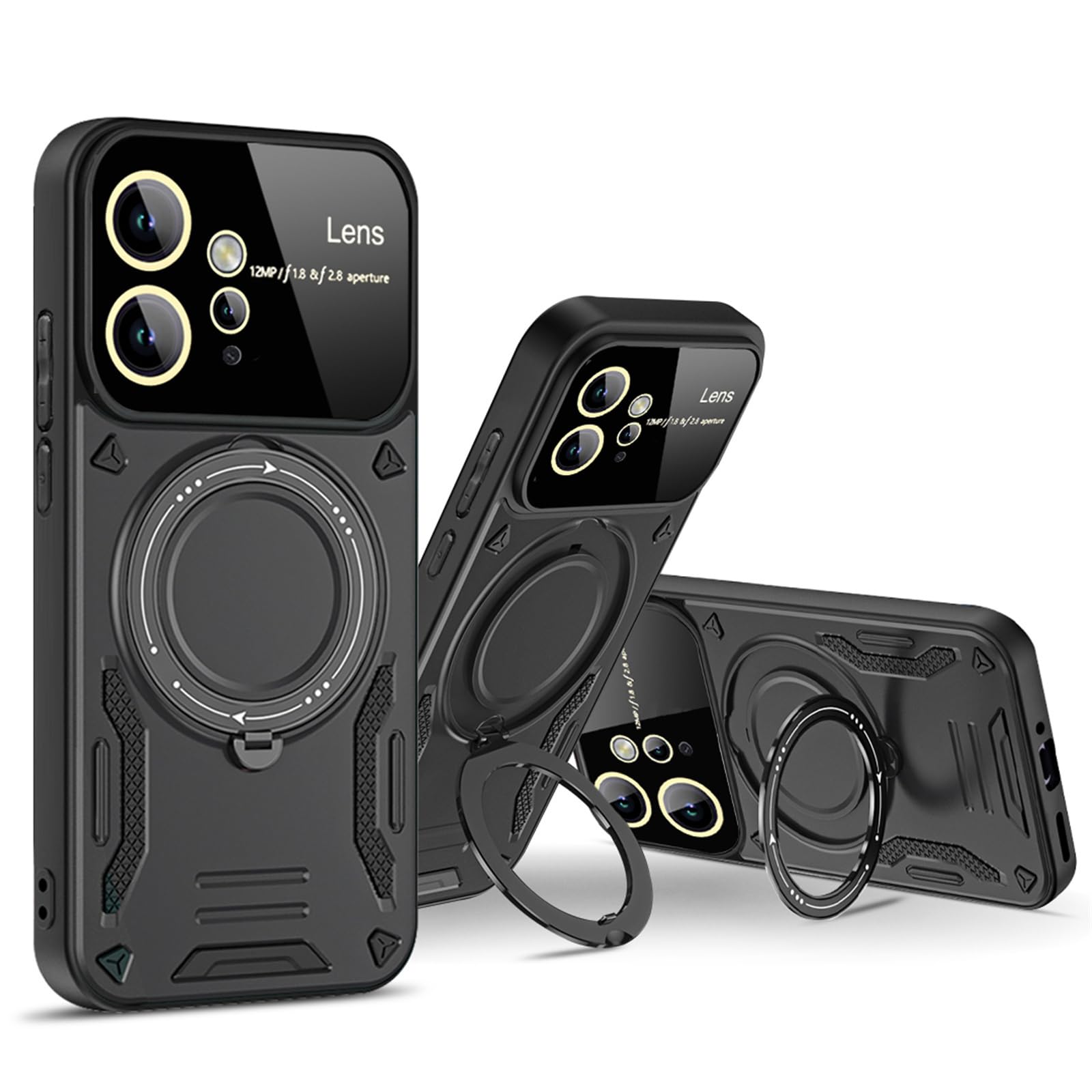 Ephoou Case for Xiaomi Redmi Note 12 4G with Ring Kickstand, Lens All-Inclusive Protection New Large Window Shockproof Anti-Scratch Armor Cover Case for Xiaomi Redmi Note 12 4G YD-Black