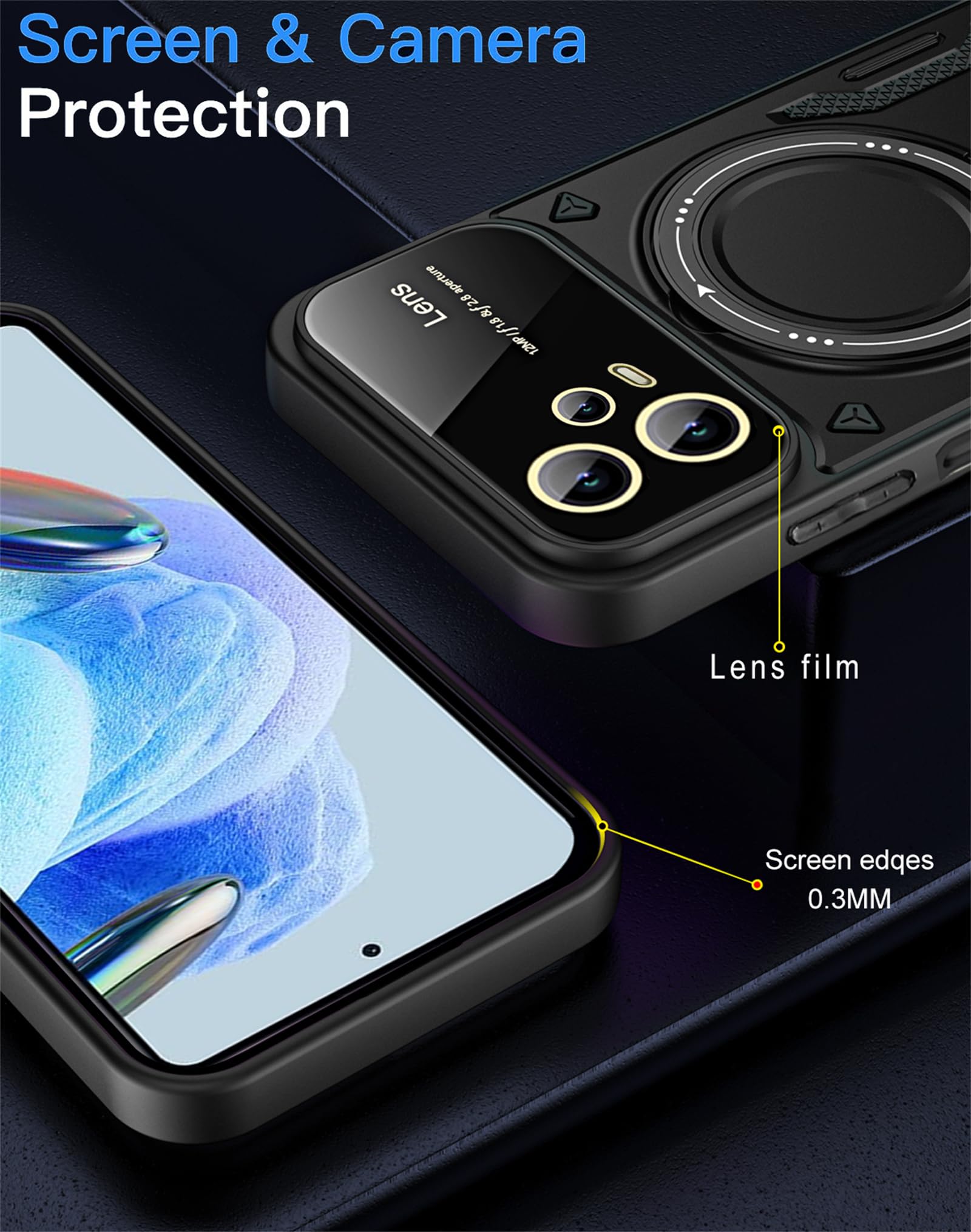 Ephoou Case for Xiaomi Redmi Note 12 Pro 5G with Ring Kickstand, Lens All-Inclusive Protection New Large Window Shockproof Anti-Scratch Cover Case for Redmi Note 12 Pro 5G/ Poco X5 Pro YD-Black