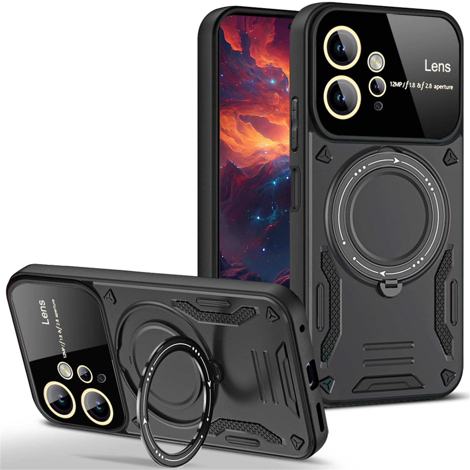 Ephoou Case for Xiaomi Redmi Note 12 4G with Ring Kickstand, Lens All-Inclusive Protection New Large Window Shockproof Anti-Scratch Armor Cover Case for Xiaomi Redmi Note 12 4G YD-Black