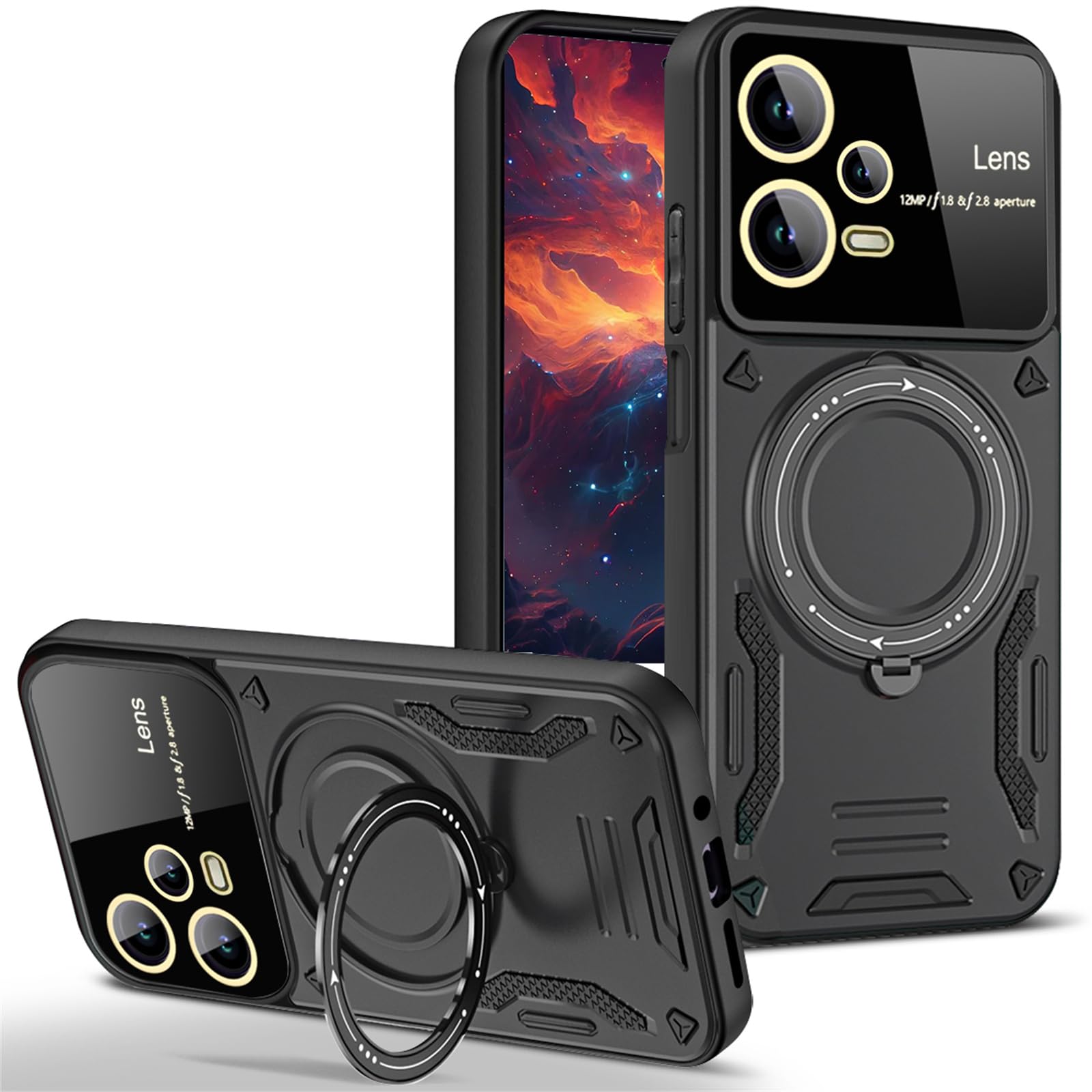 Ephoou Case for Xiaomi Redmi Note 12 Pro 5G with Ring Kickstand, Lens All-Inclusive Protection New Large Window Shockproof Anti-Scratch Cover Case for Redmi Note 12 Pro 5G/ Poco X5 Pro YD-Black
