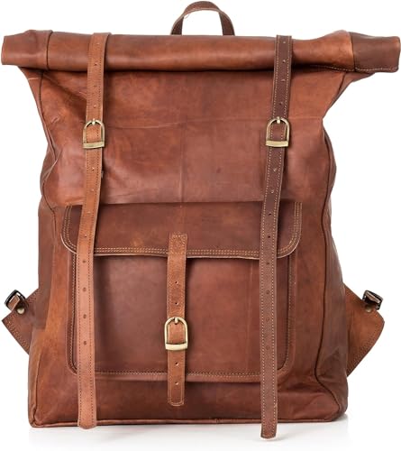 LOOKIT Vintage Leather Backpack Leeds, Large Waterproof Bookbag for Men and Women - Brown (Brown M) (XL)