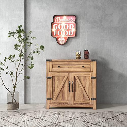Penifun Farmhouse Buffet Double Barn Door, Industrial Sideboard Wood Coffee, Kitchen Pantry Storage, Accent Chest, Liquor Cabinet for Bar Hallway, Cupboard Console Table, Large, Light Brown