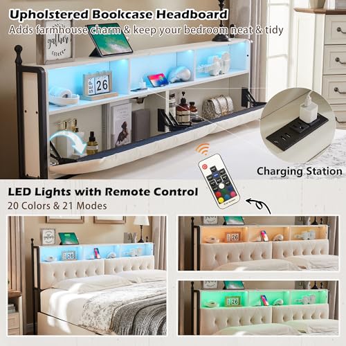 T4TREAM King Bed Frame with Storage Upholstered Headboard and 4 Drawers, Farmhouse Metal Platform Bed w/LED Lights & Charging Station, Stable & Easy Assembly, No Box Spring Needed, Antique White
