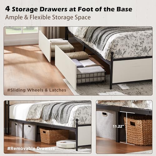 T4TREAM King Bed Frame with Storage Upholstered Headboard and 4 Drawers, Farmhouse Metal Platform Bed w/LED Lights & Charging Station, Stable & Easy Assembly, No Box Spring Needed, Antique White