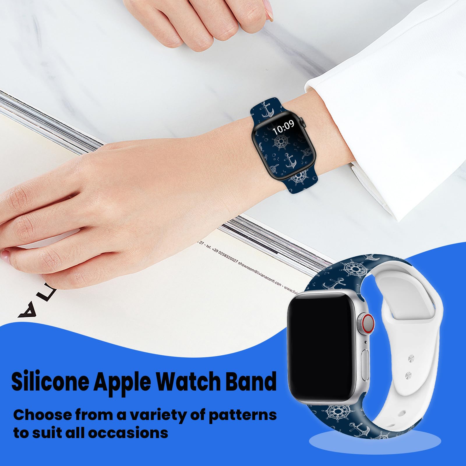 Nautical Theme Blue Anchor Watch Bands Compatible with Apple Watch 38mm 40mm 41mm for Women Men Silicone Wristbands Strap Replacement for IWatch Series SE 8 7 6 5 4 3 2 1