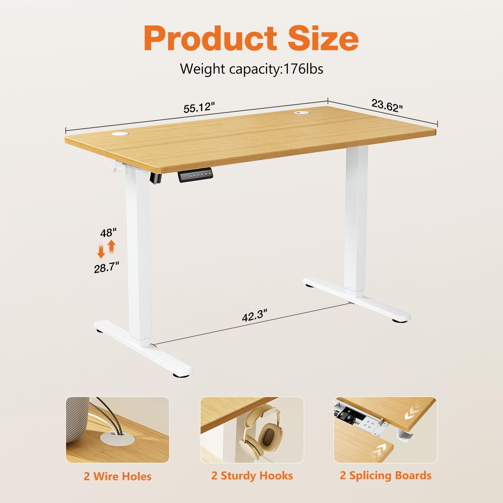 Sweetcrispy Standing Desk, Stand Up Desk, Electric Standing Desk with Splice Board, 55 x 24in Ergonomic Height Adjustable Desk Sit to Stand Desk, Computer Workstation Home Office Desk-Natural