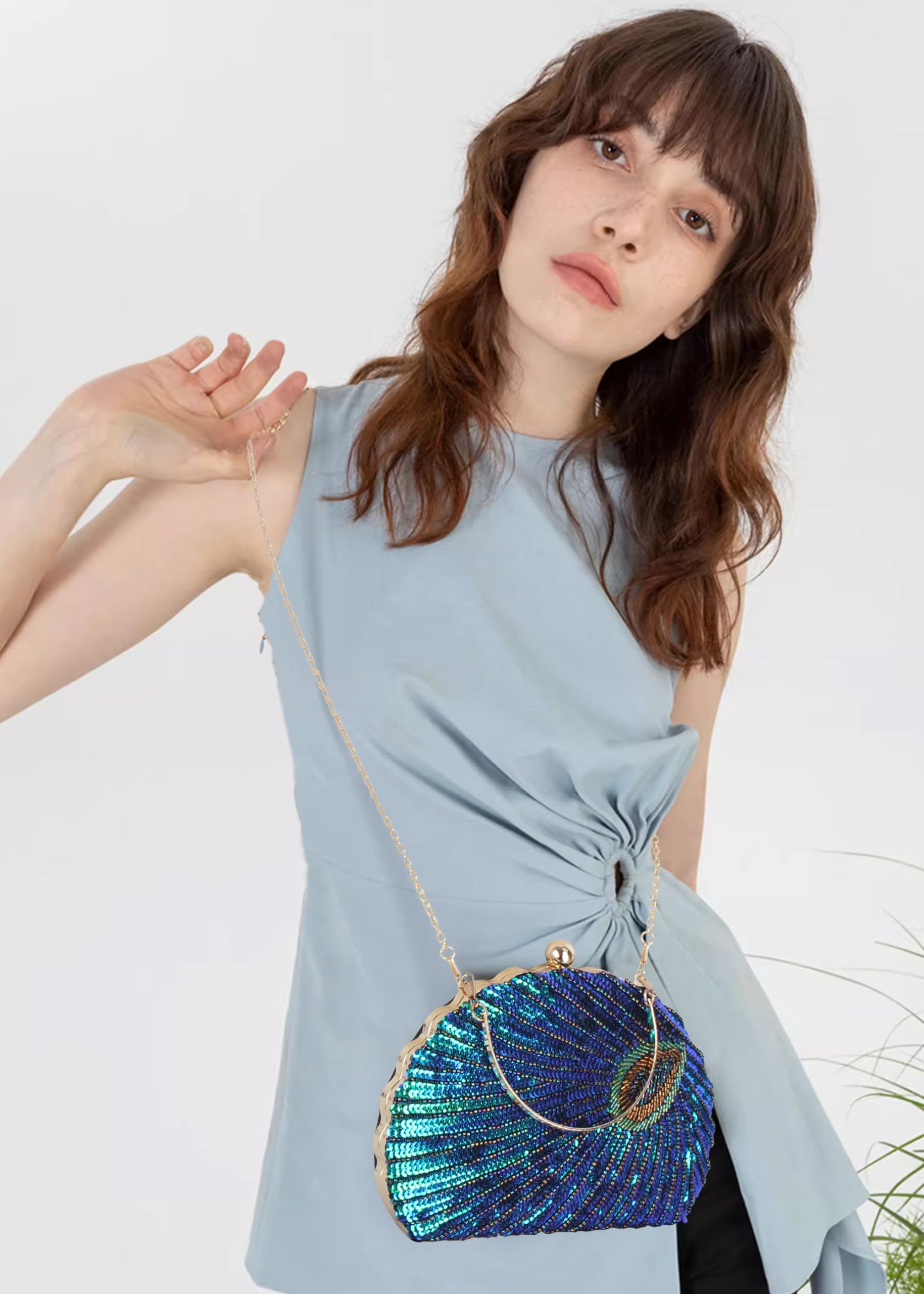 ZLM BAG US Beaded Sequins Seashell Evening Clutch Purse Mini Chain Crossbody Bag Peacock Shell Shoulder Bag