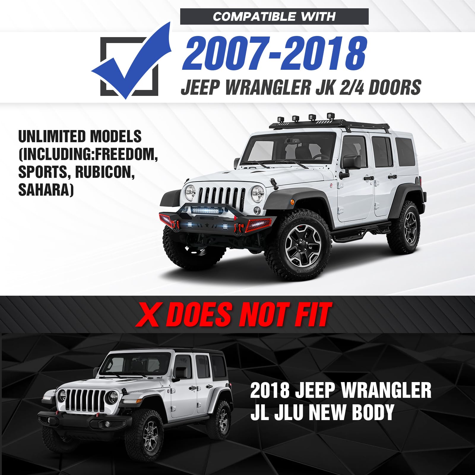 YZONA Full Width Front & Rear Bumper with Spare Tire Carrier Compatible with 2007-2018 Jeep Wrangler JK JKU Unlimited with Paintable Armor, LED Lights, License Plate Bracket, Hitch Receiver & D-rings