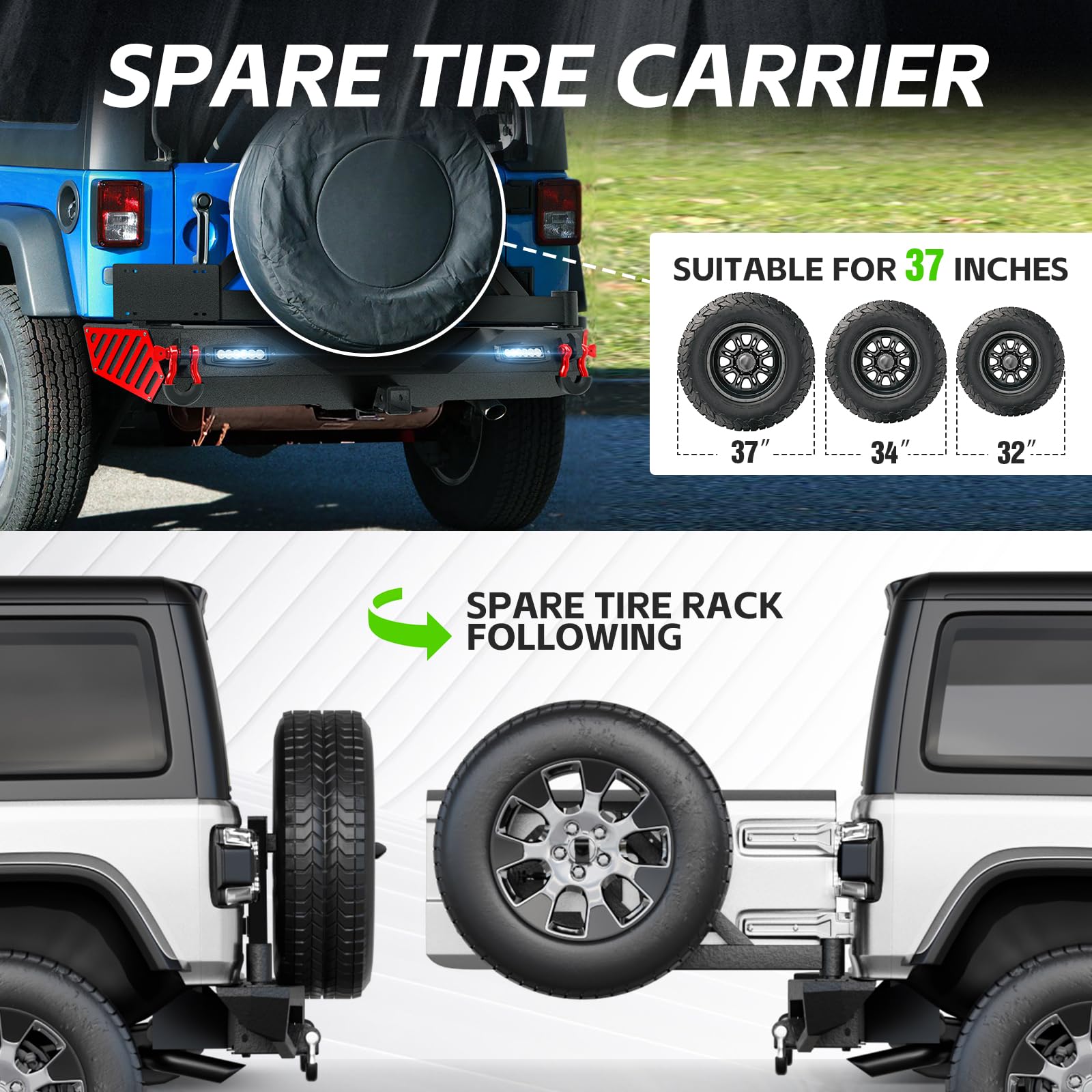 YZONA Full Width Front & Rear Bumper with Spare Tire Carrier Compatible with 2007-2018 Jeep Wrangler JK JKU Unlimited with Paintable Armor, LED Lights, License Plate Bracket, Hitch Receiver & D-rings