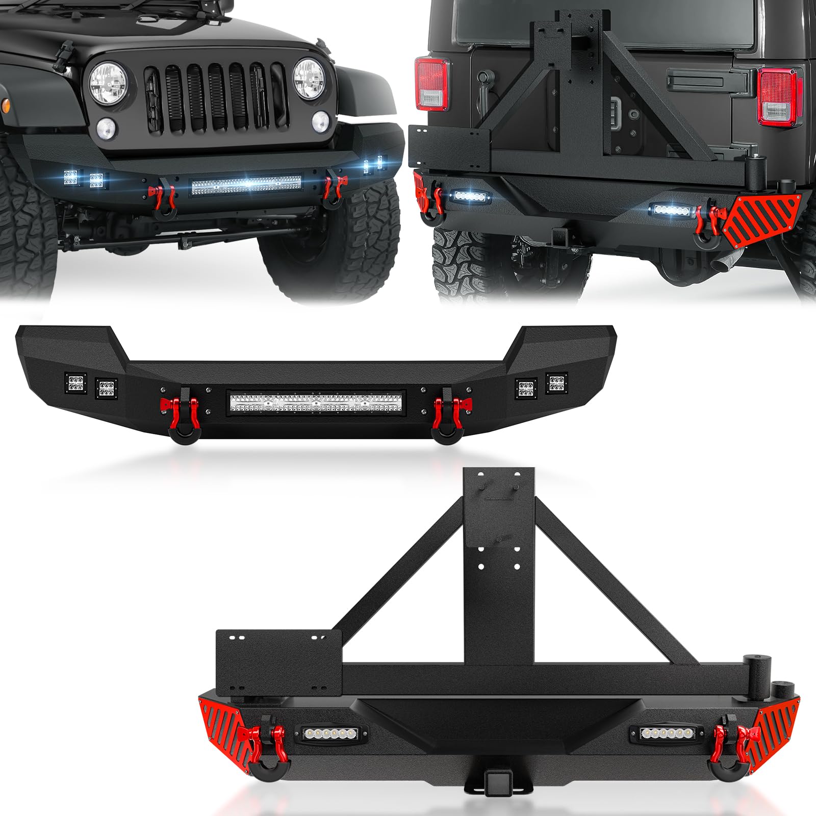 YZONA Full Width Front & Rear Bumper with Spare Tire Carrier Compatible with 2007-2018 Jeep Wrangler JK JKU Unlimited with Paintable Armor, LED Lights, License Plate Bracket, Hitch Receiver & D-rings