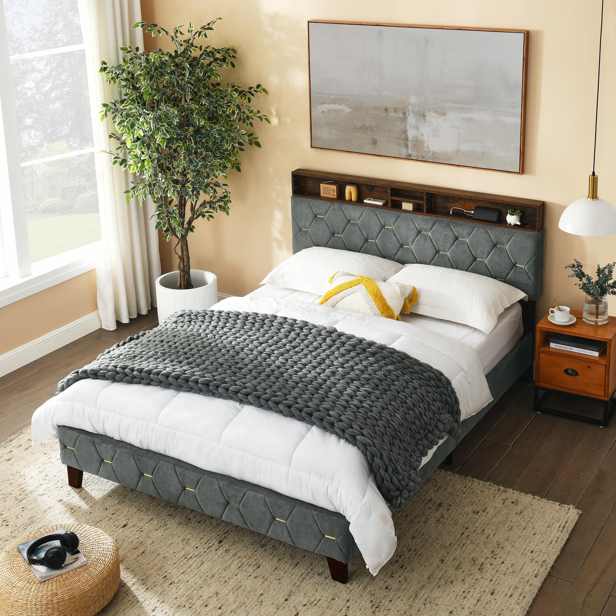 AnwickNomo Queen Size Wood Bed Frame with Fabric Upholstered Headboard and Solid Wood Slats,Wood Platform Bed with Outlet & USB Ports,No Box Spring Needed/Easy Assembly (Grey, Queen)