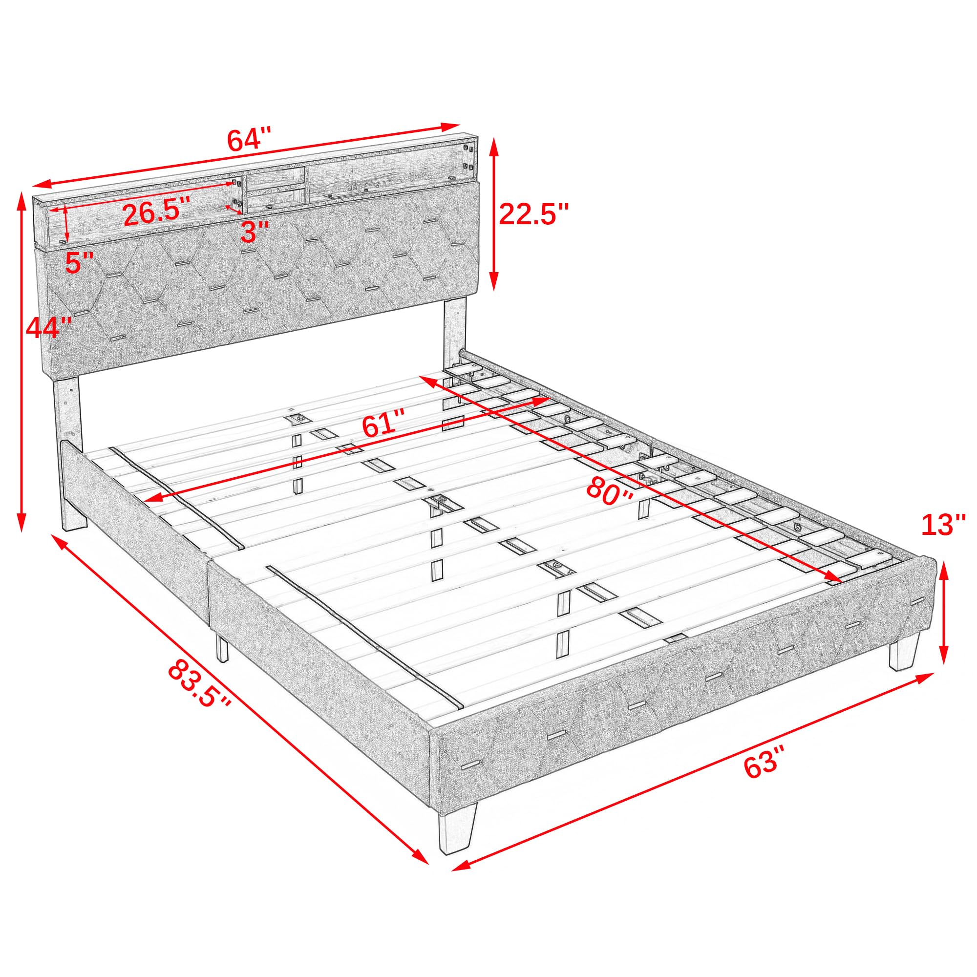 AnwickNomo Queen Size Wood Bed Frame with Fabric Upholstered Headboard and Solid Wood Slats,Wood Platform Bed with Outlet & USB Ports,No Box Spring Needed/Easy Assembly (Grey, Queen)