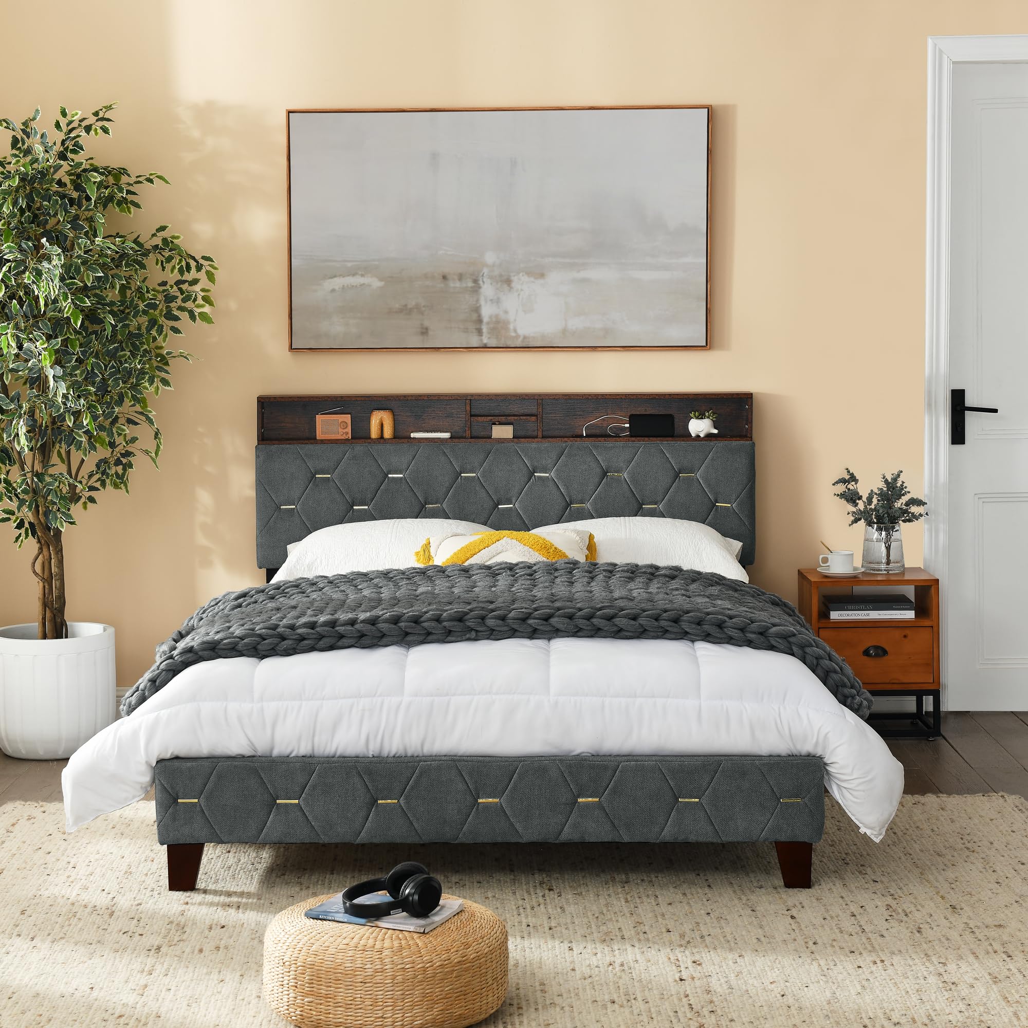 AnwickNomo Queen Size Wood Bed Frame with Fabric Upholstered Headboard and Solid Wood Slats,Wood Platform Bed with Outlet & USB Ports,No Box Spring Needed/Easy Assembly (Grey, Queen)