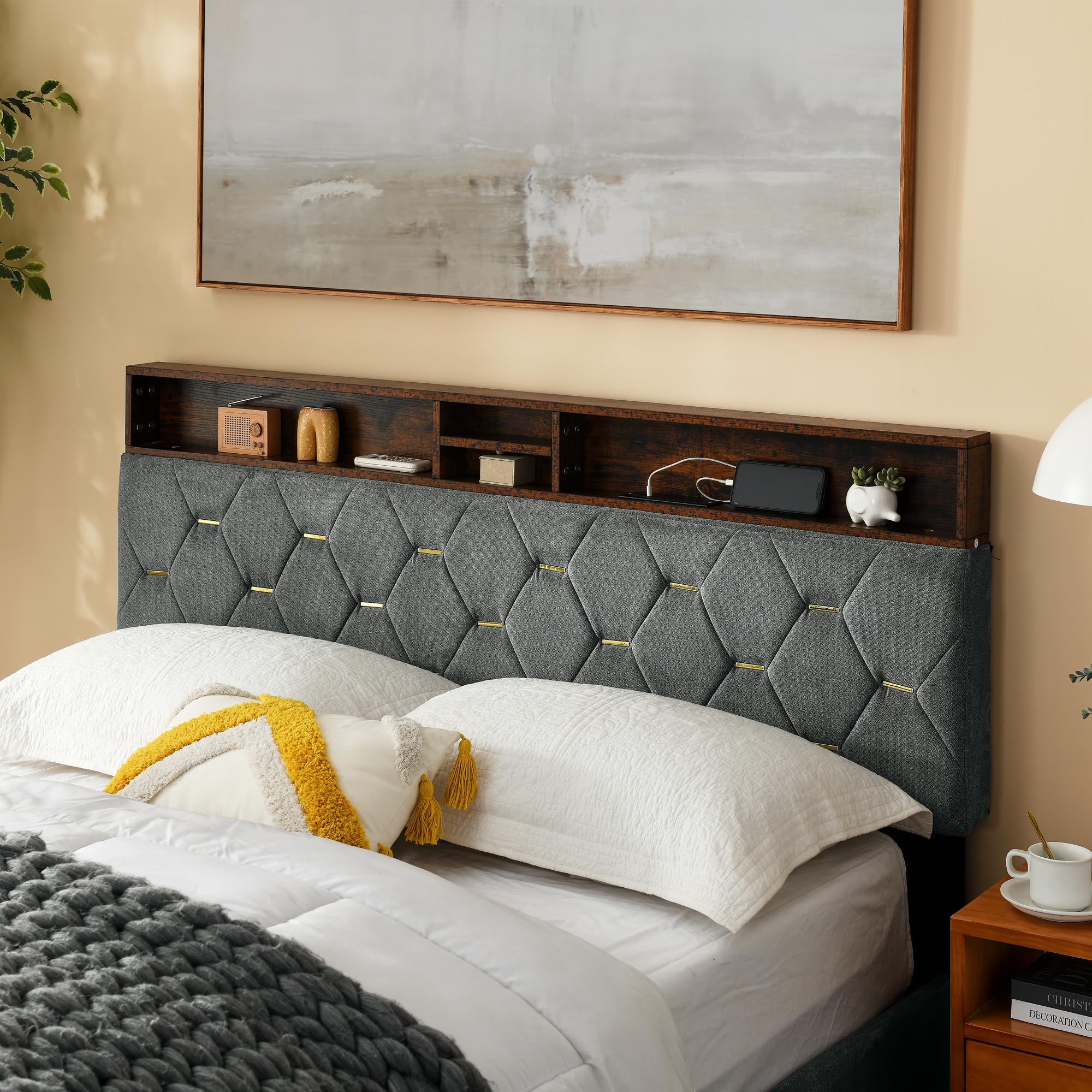 AnwickNomo Queen Size Wood Bed Frame with Fabric Upholstered Headboard and Solid Wood Slats,Wood Platform Bed with Outlet & USB Ports,No Box Spring Needed/Easy Assembly (Grey, Queen)