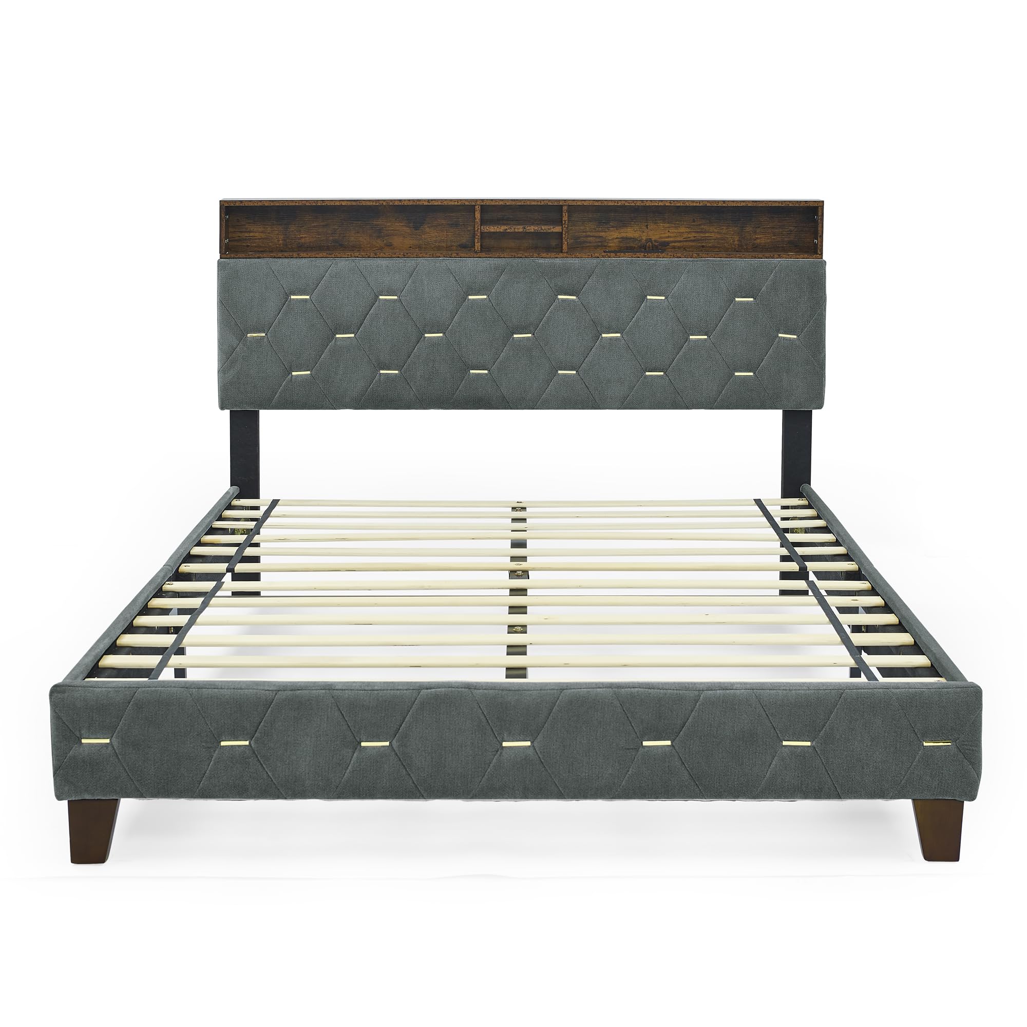 AnwickNomo Queen Size Wood Bed Frame with Fabric Upholstered Headboard and Solid Wood Slats,Wood Platform Bed with Outlet & USB Ports,No Box Spring Needed/Easy Assembly (Grey, Queen)