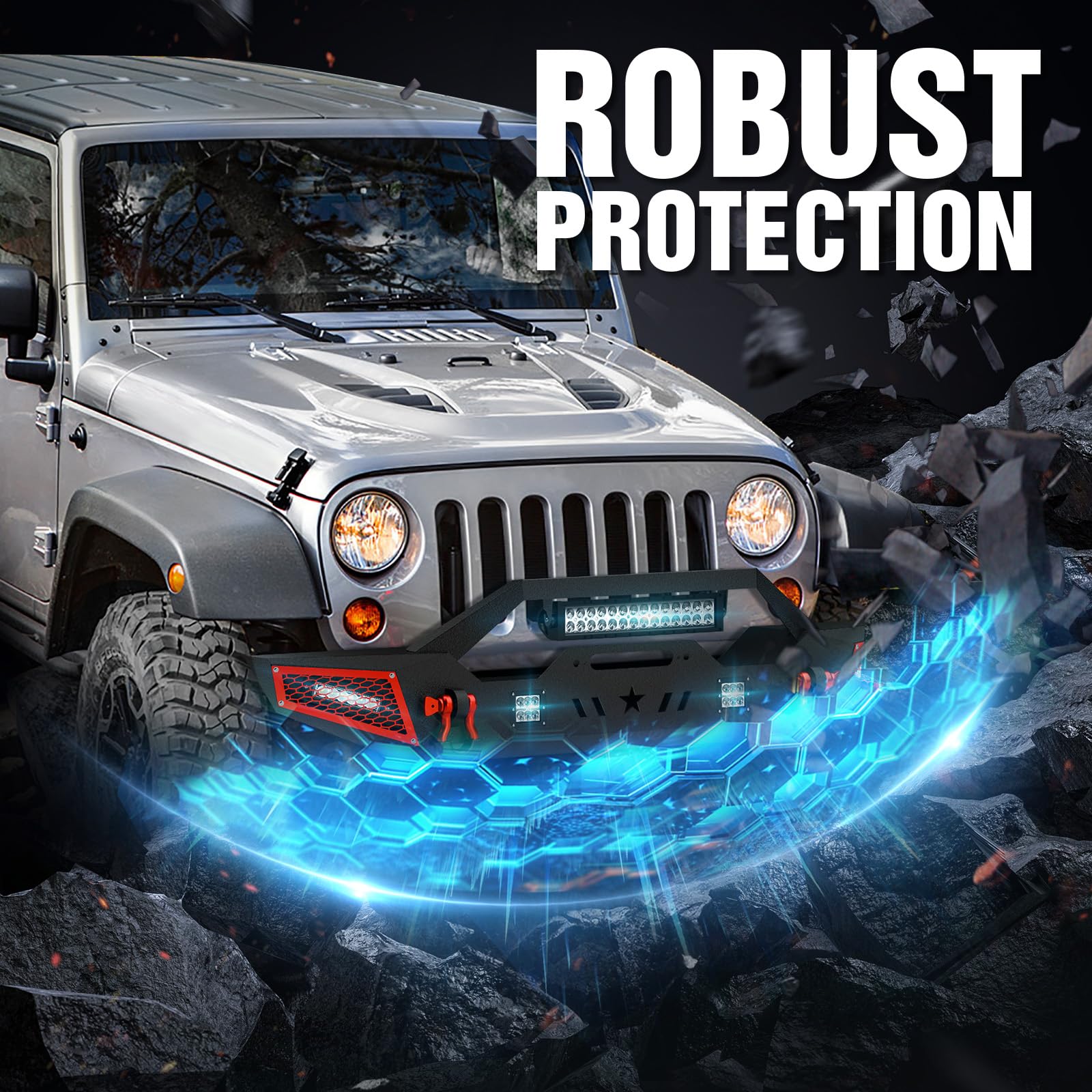 YZONA Front and Rear Bumper w/Spare Tire Carrier Compatible with 2007-2018 Jeep Wrangler JK JKU Unlimited with Paintable Armor, License Plate Bracket, Winch Plate, LED Lights, Hitch Receiver & D-rings
