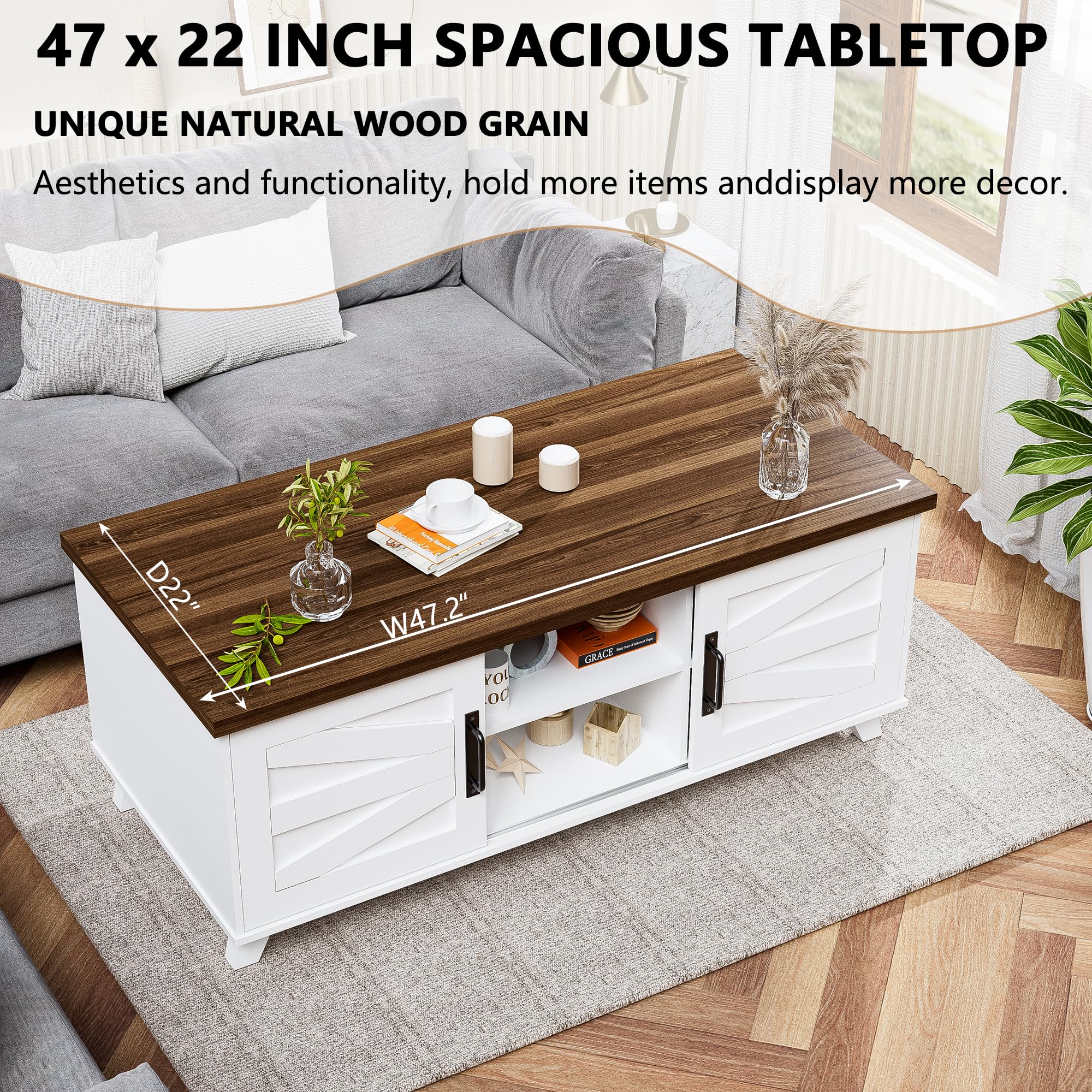PAKASEPT Farmhouse Coffee Table with Sliding Barn Doors and Storage Cabinets Shelves, Center Table Rectangular Cocktail Table with Adjustable Shelves for Living Room, White