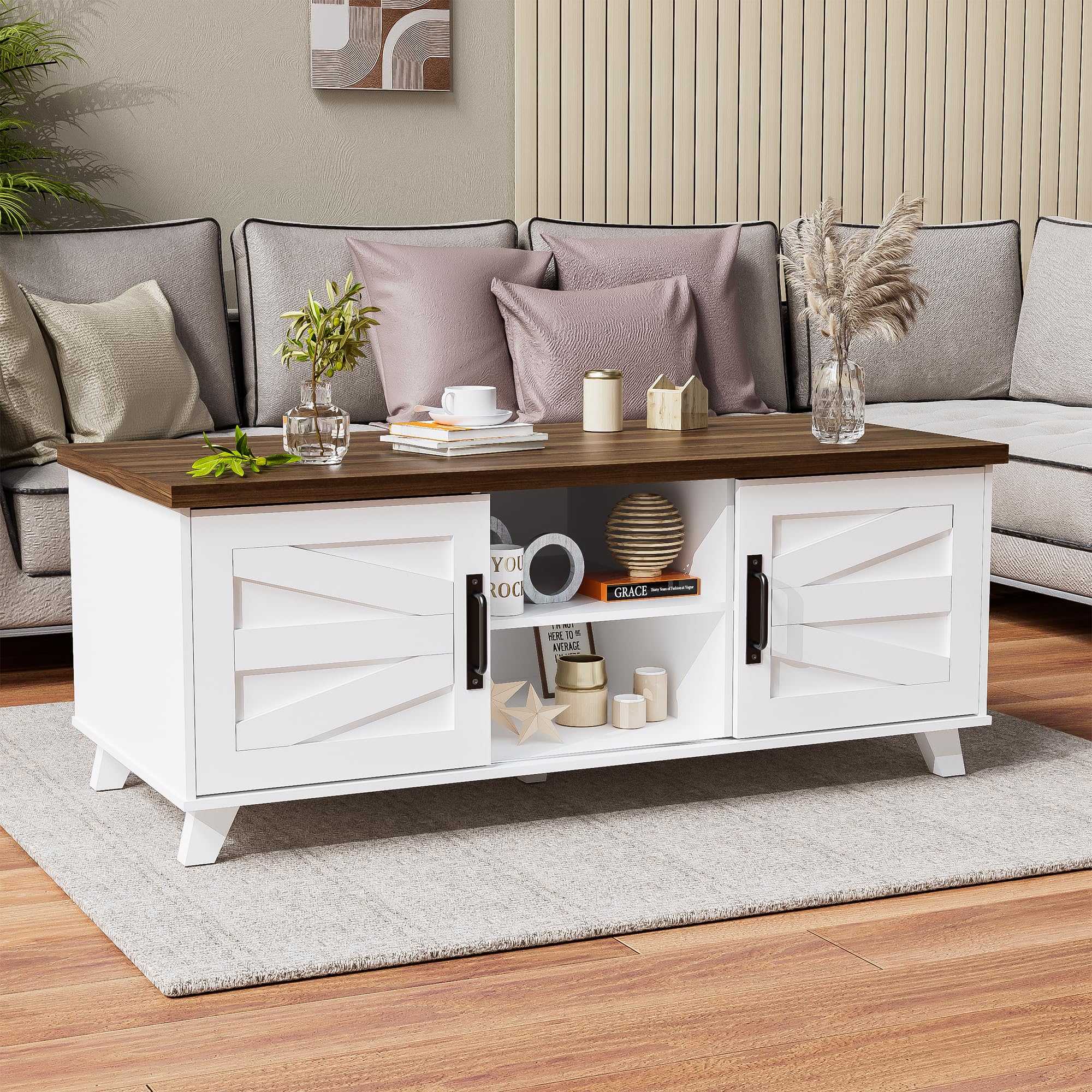 PAKASEPT Farmhouse Coffee Table with Sliding Barn Doors and Storage Cabinets Shelves, Center Table Rectangular Cocktail Table with Adjustable Shelves for Living Room, White