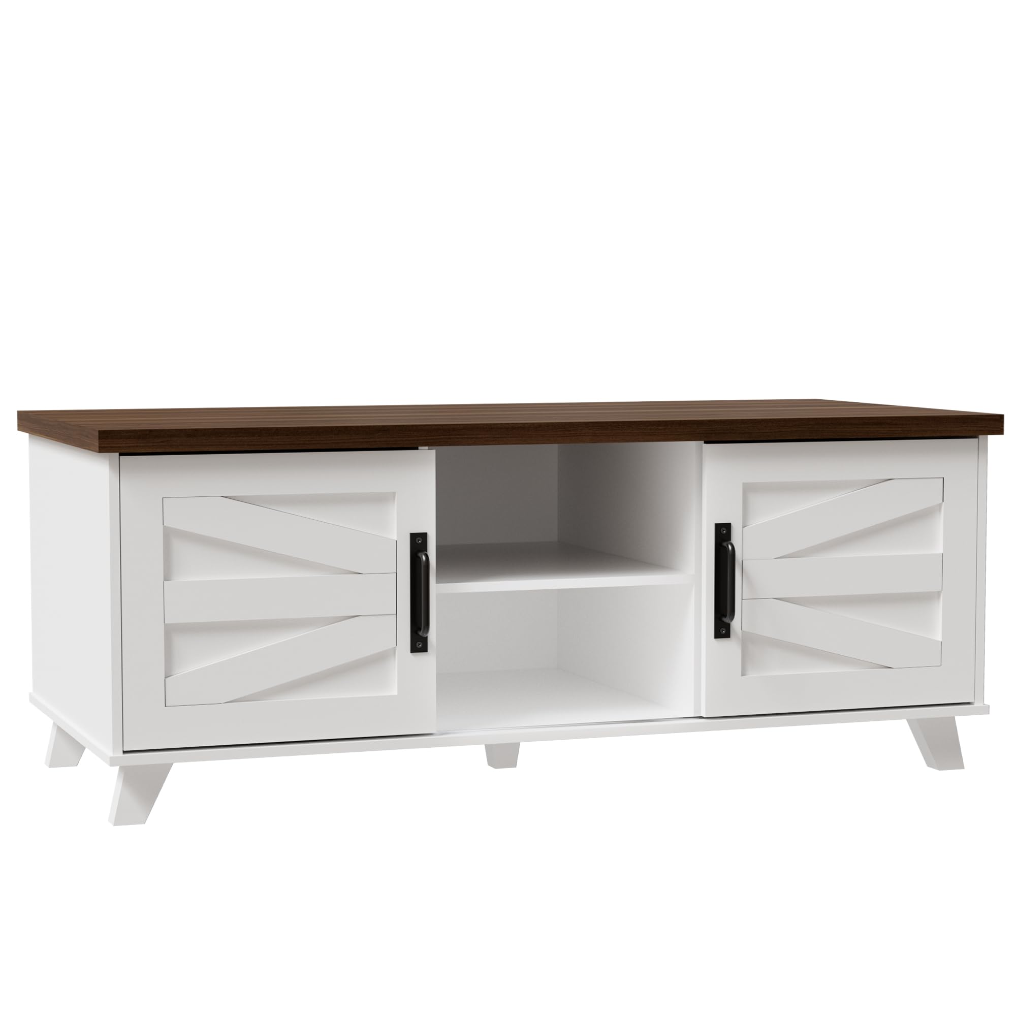 PAKASEPT Farmhouse Coffee Table with Sliding Barn Doors and Storage Cabinets Shelves, Center Table Rectangular Cocktail Table with Adjustable Shelves for Living Room, White