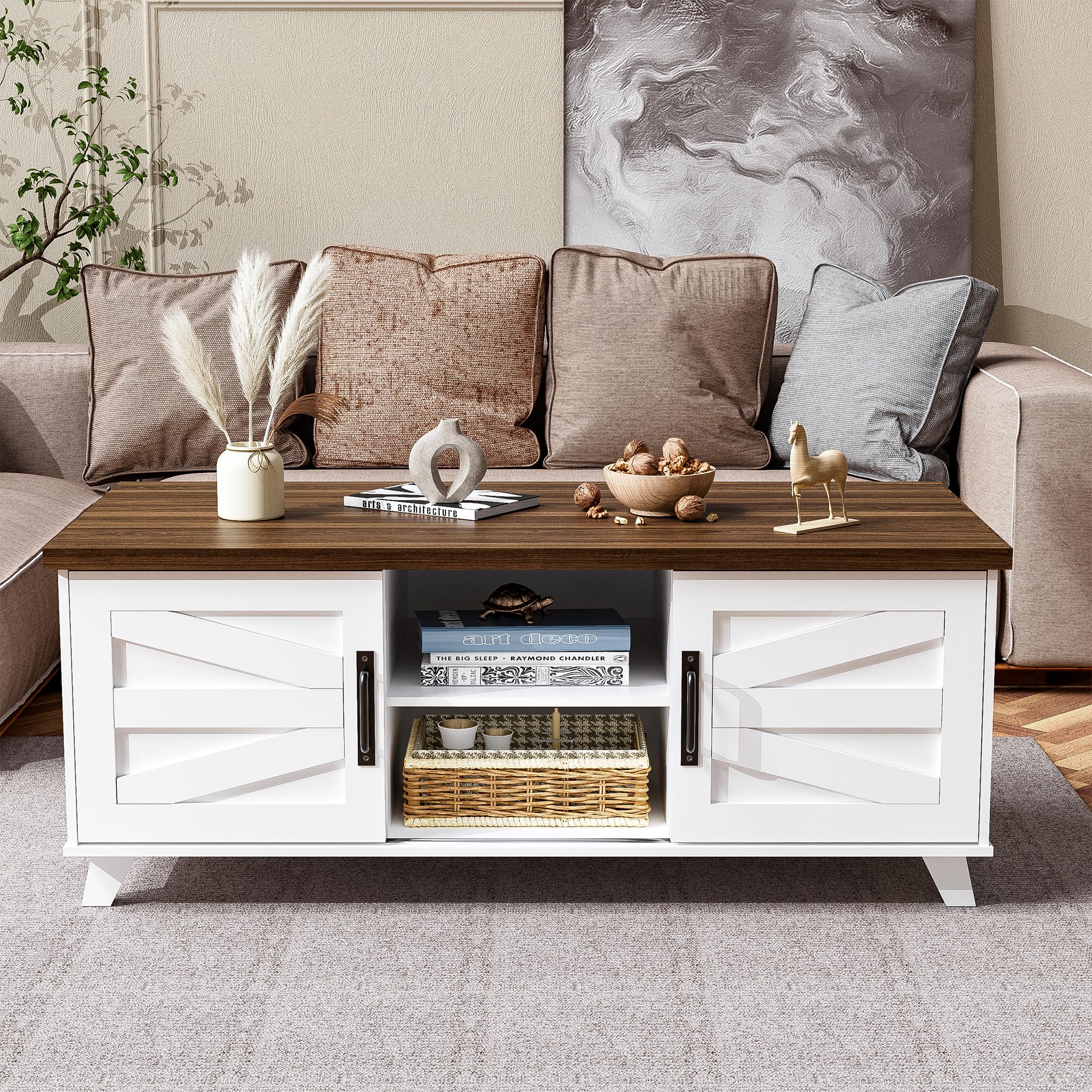 PAKASEPT Farmhouse Coffee Table with Sliding Barn Doors and Storage Cabinets Shelves, Center Table Rectangular Cocktail Table with Adjustable Shelves for Living Room, White