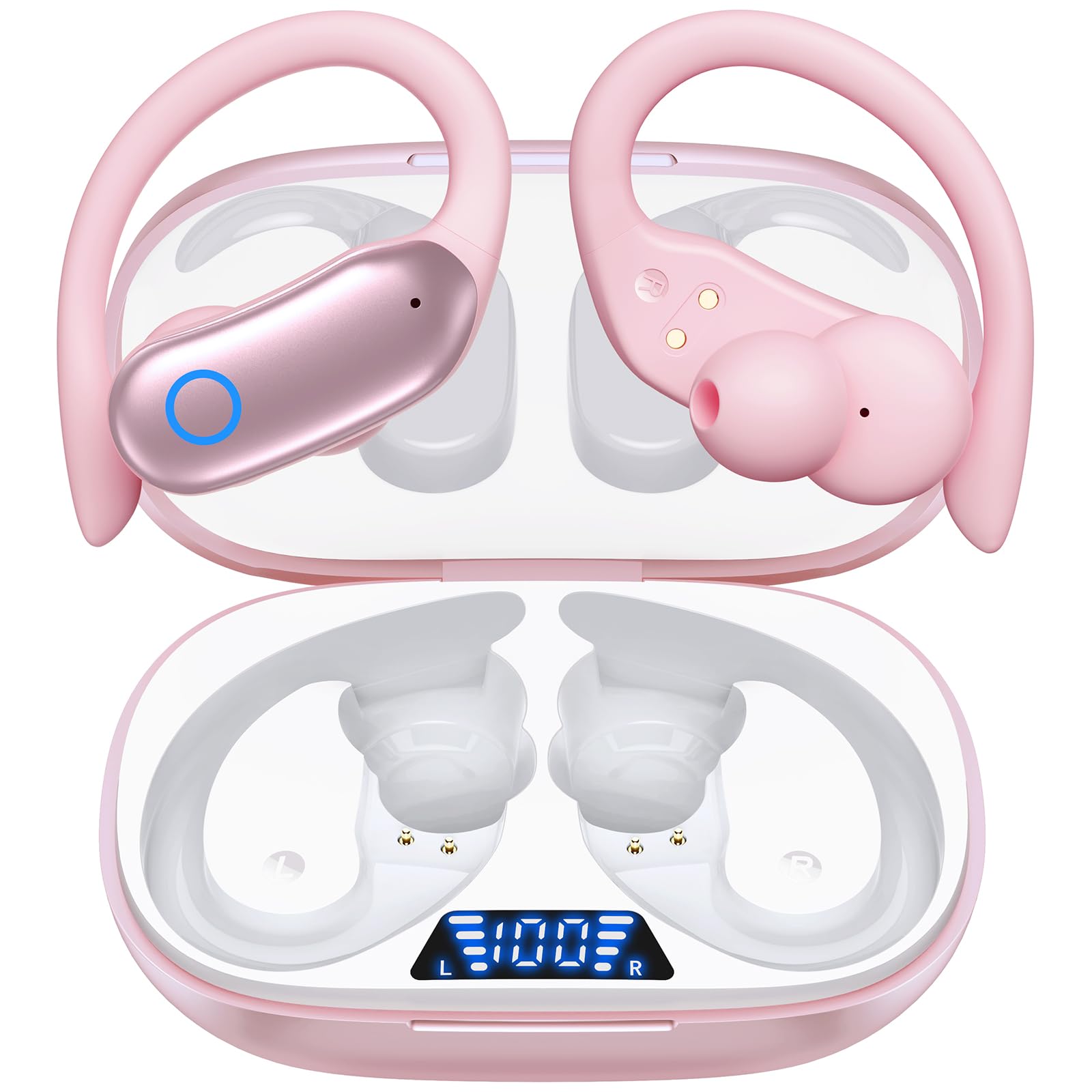 GNMN Bluetooth Headphones Wireless Earbuds 96hrs Playback Ear Buds IPX7 Waterproof Stereo Bass Over-Ear Earphones with Earhooks Microphone LED Battery Display for Sports/Workout/Gym/Running Rose Gold