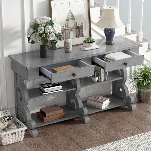 Knocbel Retro Entryway Console Table with 2 Storage Drawers and Adjustable Shelves, Entrance Hallway Foyer Behind Couch Sofa Table Living Room Decor Furniture, Easy Assembly (Antique Gray)
