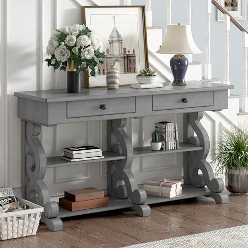 Knocbel Retro Entryway Console Table with 2 Storage Drawers and Adjustable Shelves, Entrance Hallway Foyer Behind Couch Sofa Table Living Room Decor Furniture, Easy Assembly (Antique Gray)