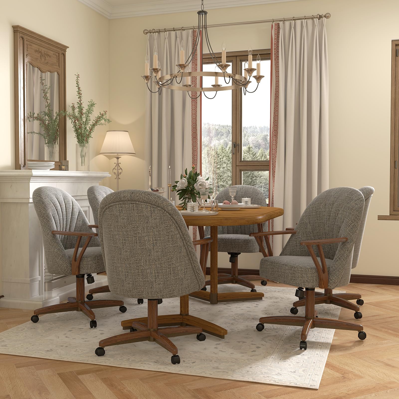 Chromcraft Caster Swivel Tilt Dining Chairs, Luxe Casual Wooden Arm All-Metal Pedestal Base Chairs with Rolling Wheels for Kitchen(Fonzo Marble-Walnut)