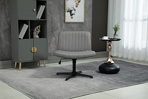 Armless Office Chair No Wheels with Thickened Cushion, Height Adjustable Swivel Ergonomic Computer Task Chair, Mid Back PU-Padded Bedroom Vanity Chair, Home Office Desk Chair - Grey Leather