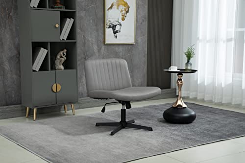 Armless Office Chair No Wheels with Thickened Cushion, Height Adjustable Swivel Ergonomic Computer Task Chair, Mid Back PU-Padded Bedroom Vanity Chair, Home Office Desk Chair - Grey Leather