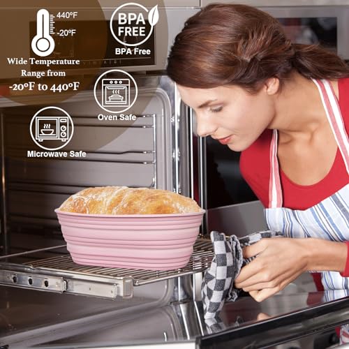 MaMix Banneton Bread Proofing Basket Set of 2, Silicone Sourdough Bread Baking Supplies, 9 inch Round & 10 Oval Sourdough Starter Kit Includes Essential Tools, Easy to Clean and Use (pink)