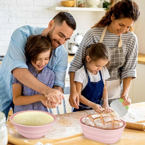 MaMix Banneton Bread Proofing Basket Set of 2, Silicone Sourdough Bread Baking Supplies, 9 inch Round & 10 Oval Sourdough Starter Kit Includes Essential Tools, Easy to Clean and Use (pink)