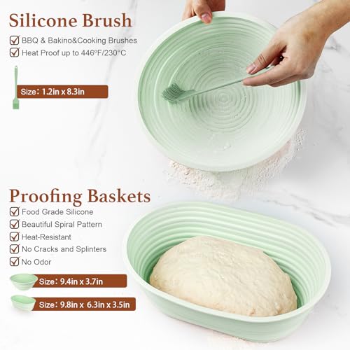 MaMix Banneton Bread Proofing Basket Set of 2, Silicone Sourdough Bread Baking Supplies, 9 inch Round & 10 Oval Sourdough Starter Kit Includes Essential Tools, Easy to Clean and Use (Green)