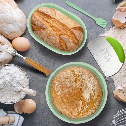 MaMix Banneton Bread Proofing Basket Set of 2, Silicone Sourdough Bread Baking Supplies, 9 inch Round & 10 Oval Sourdough Starter Kit Includes Essential Tools, Easy to Clean and Use (Green)