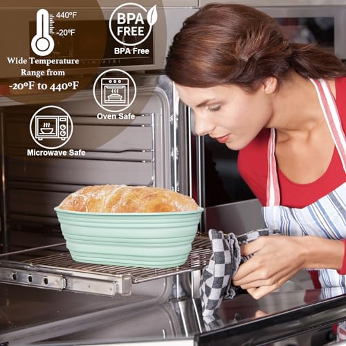 MaMix Banneton Bread Proofing Basket Set of 2, Silicone Sourdough Bread Baking Supplies, 9 inch Round & 10 Oval Sourdough Starter Kit Includes Essential Tools, Easy to Clean and Use (Green)