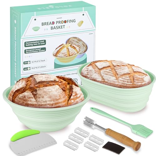 MaMix Banneton Bread Proofing Basket Set of 2, Silicone Sourdough Bread Baking Supplies, 9 inch Round & 10 Oval Sourdough Starter Kit Includes Essential Tools, Easy to Clean and Use (Green)