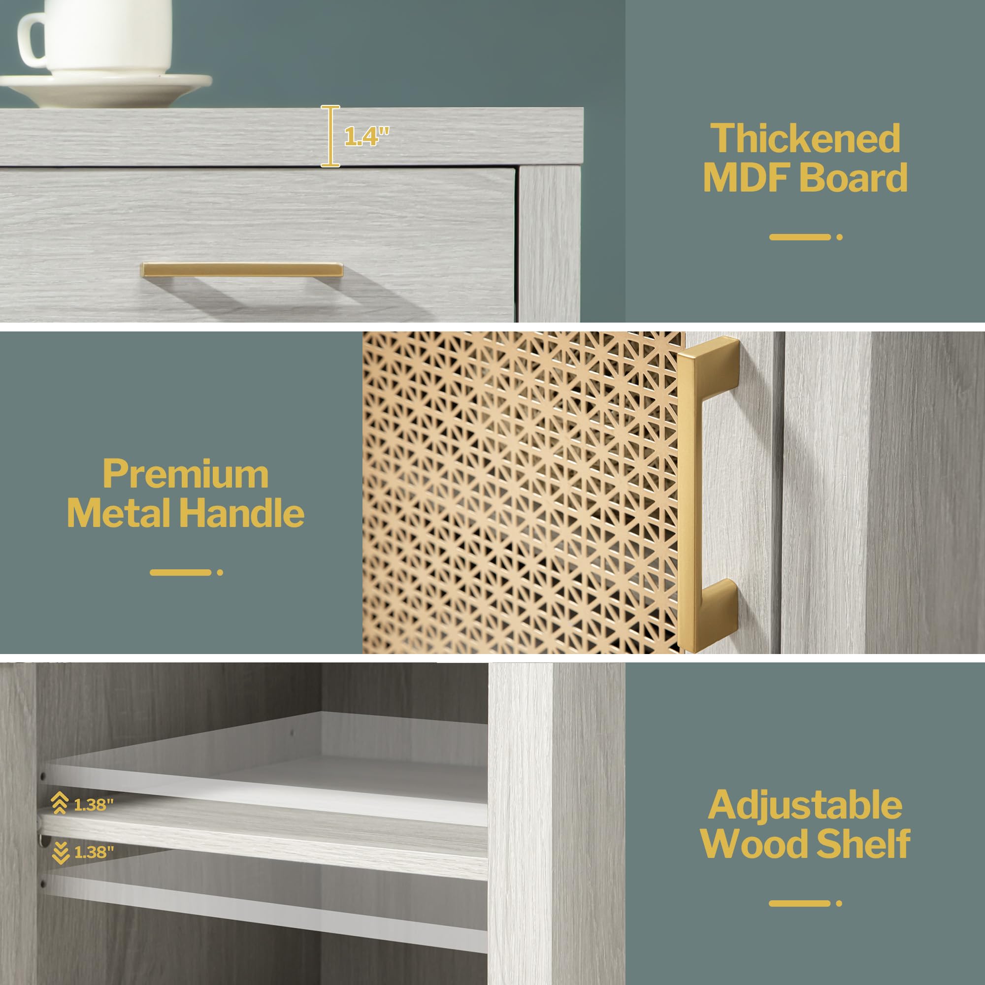 SICOTAS Tall Nightstands with Drawer, Modern Farmhouse Night Stand Wood Bedside Tables with Gold Mesh Door Adjustable Storage Shelf, Side End Table for Bedroom Living Room, Whitish-Gray Oak