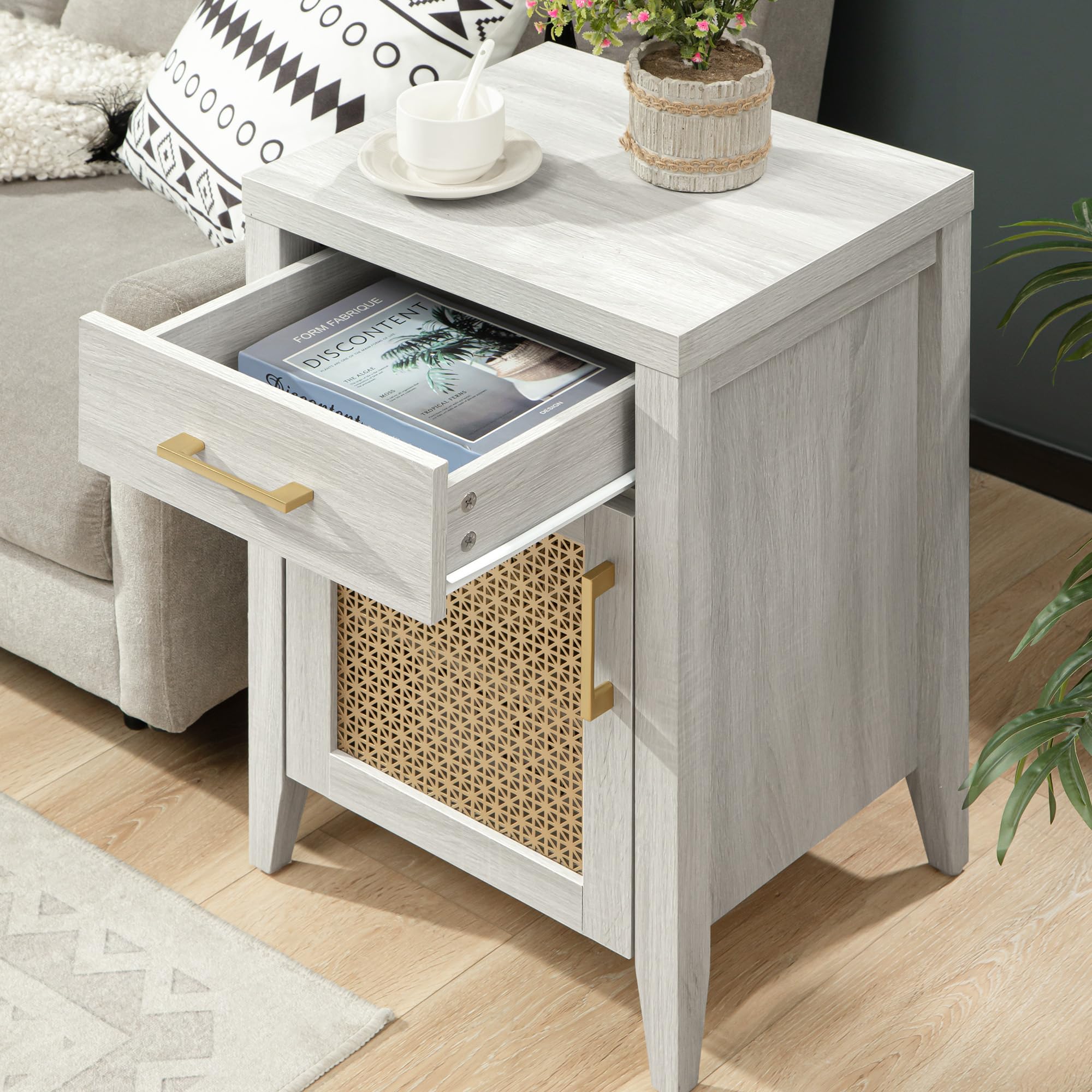 SICOTAS Tall Nightstands with Drawer, Modern Farmhouse Night Stand Wood Bedside Tables with Gold Mesh Door Adjustable Storage Shelf, Side End Table for Bedroom Living Room, Whitish-Gray Oak
