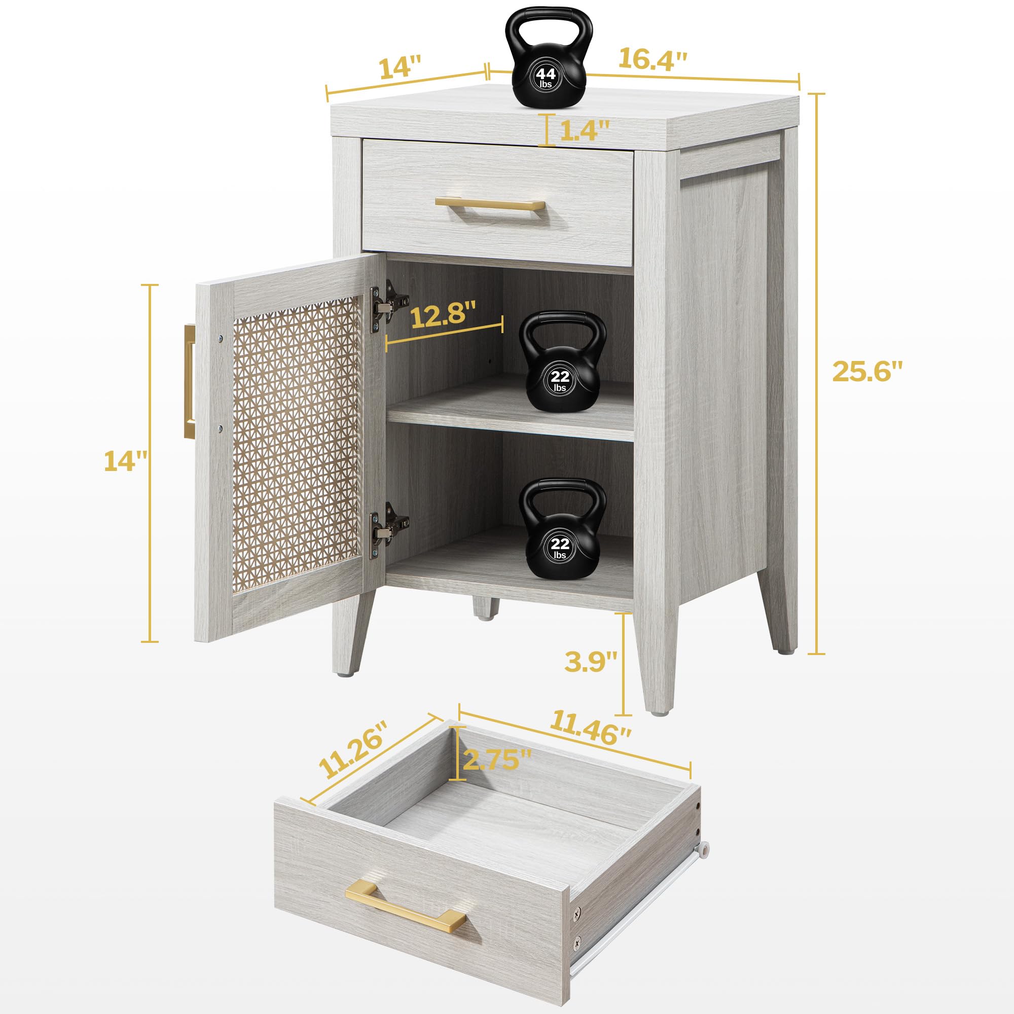SICOTAS Tall Nightstands with Drawer, Modern Farmhouse Night Stand Wood Bedside Tables with Gold Mesh Door Adjustable Storage Shelf, Side End Table for Bedroom Living Room, Whitish-Gray Oak