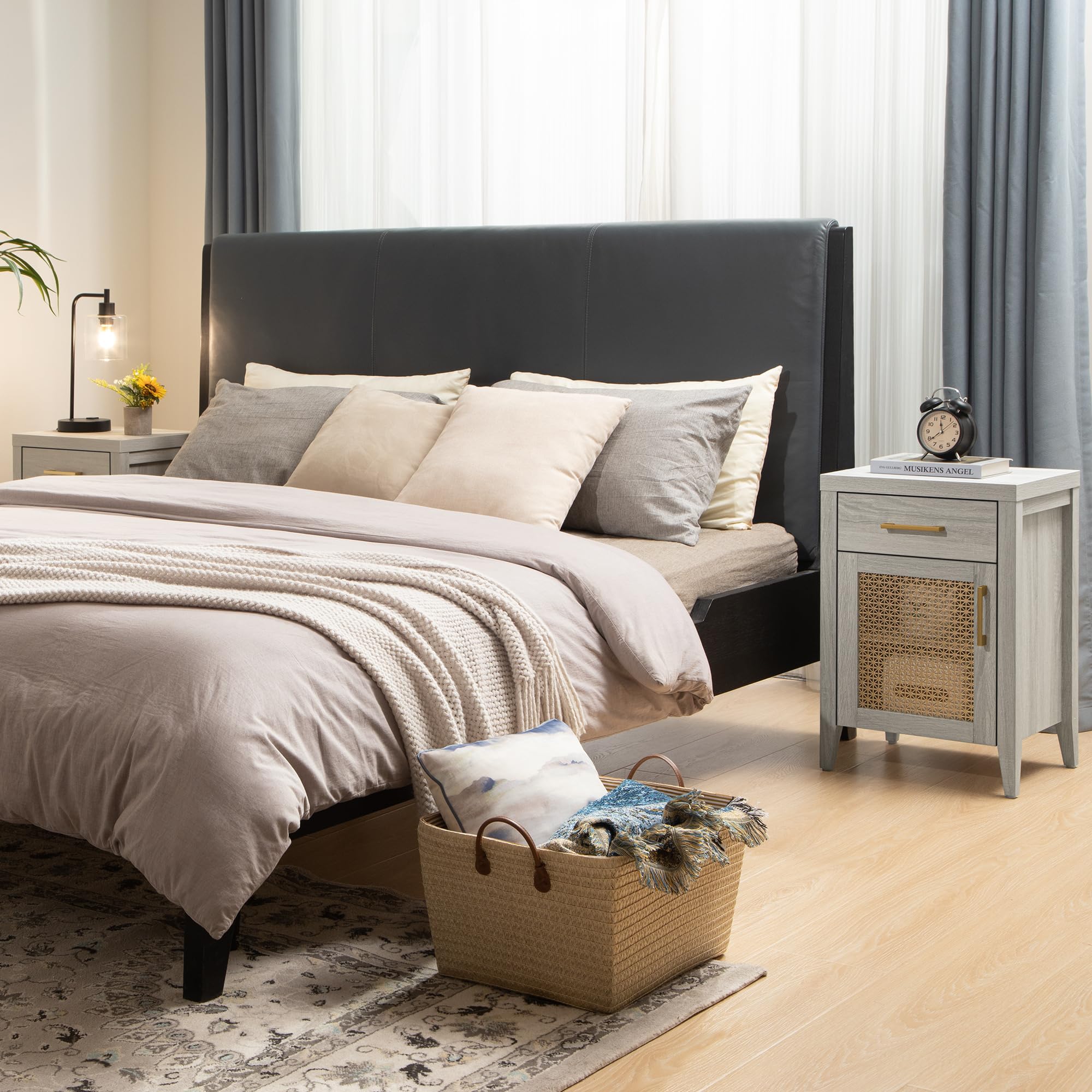 SICOTAS Tall Nightstands with Drawer, Modern Farmhouse Night Stand Wood Bedside Tables with Gold Mesh Door Adjustable Storage Shelf, Side End Table for Bedroom Living Room, Whitish-Gray Oak