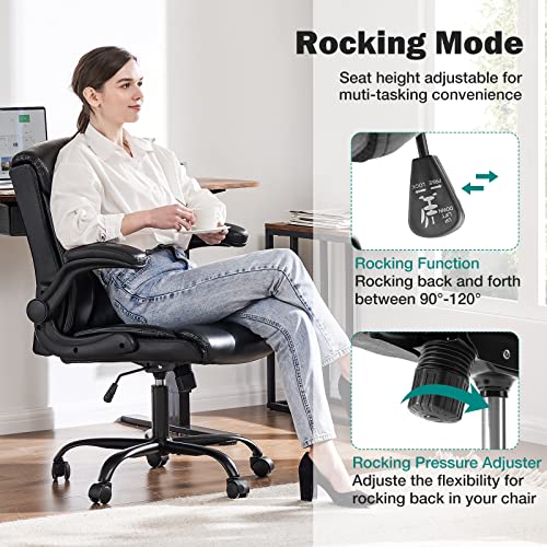 OLIXIS Ergonomic Executive Office Chair - Mid Back Height Adjustable with Flip-up Armrest, Computer Desk with Wheels, PU Leather with Lumbar Support, Black