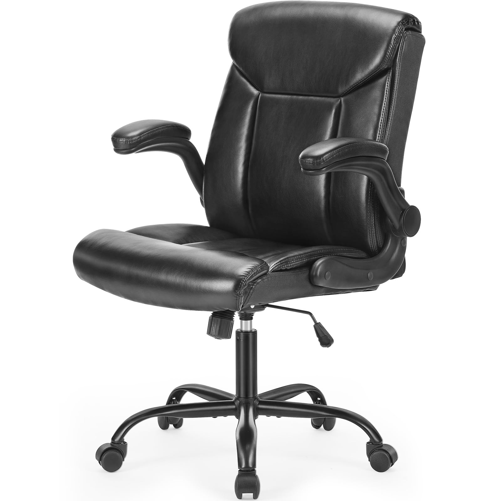 OLIXIS Ergonomic Executive Office Chair - Mid Back Height Adjustable with Flip-up Armrest, Computer Desk with Wheels, PU Leather with Lumbar Support, Black
