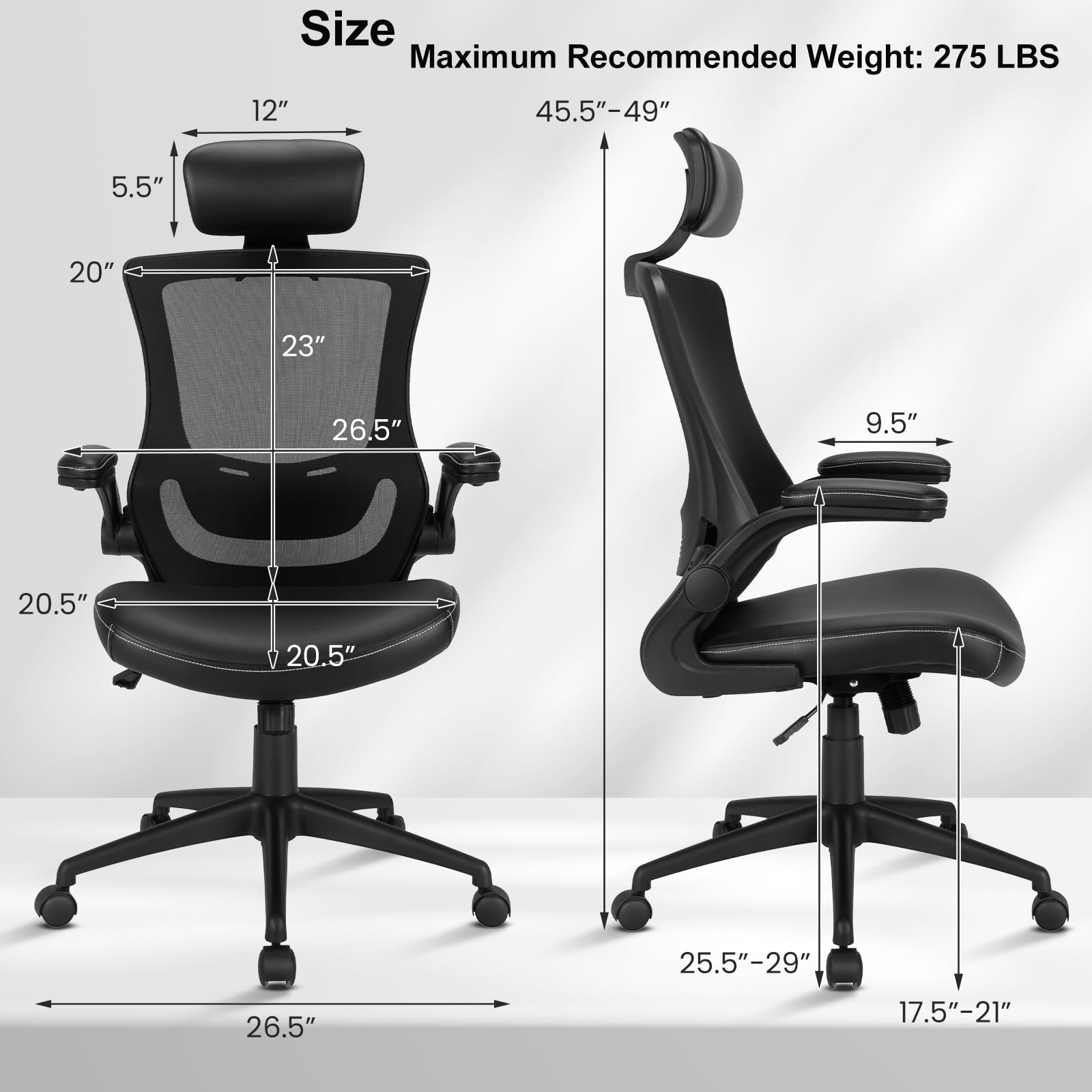POWERSTONE Ergonomic Office Chair with Thickened Leather Seat, Mesh Desk Chair with Adjustable Headrest Lumbar Support and Flip-up Armrests for Home, Office, Study