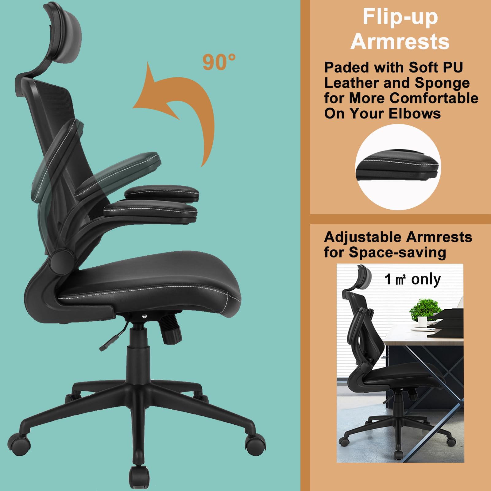 POWERSTONE Ergonomic Office Chair with Thickened Leather Seat, Mesh Desk Chair with Adjustable Headrest Lumbar Support and Flip-up Armrests for Home, Office, Study