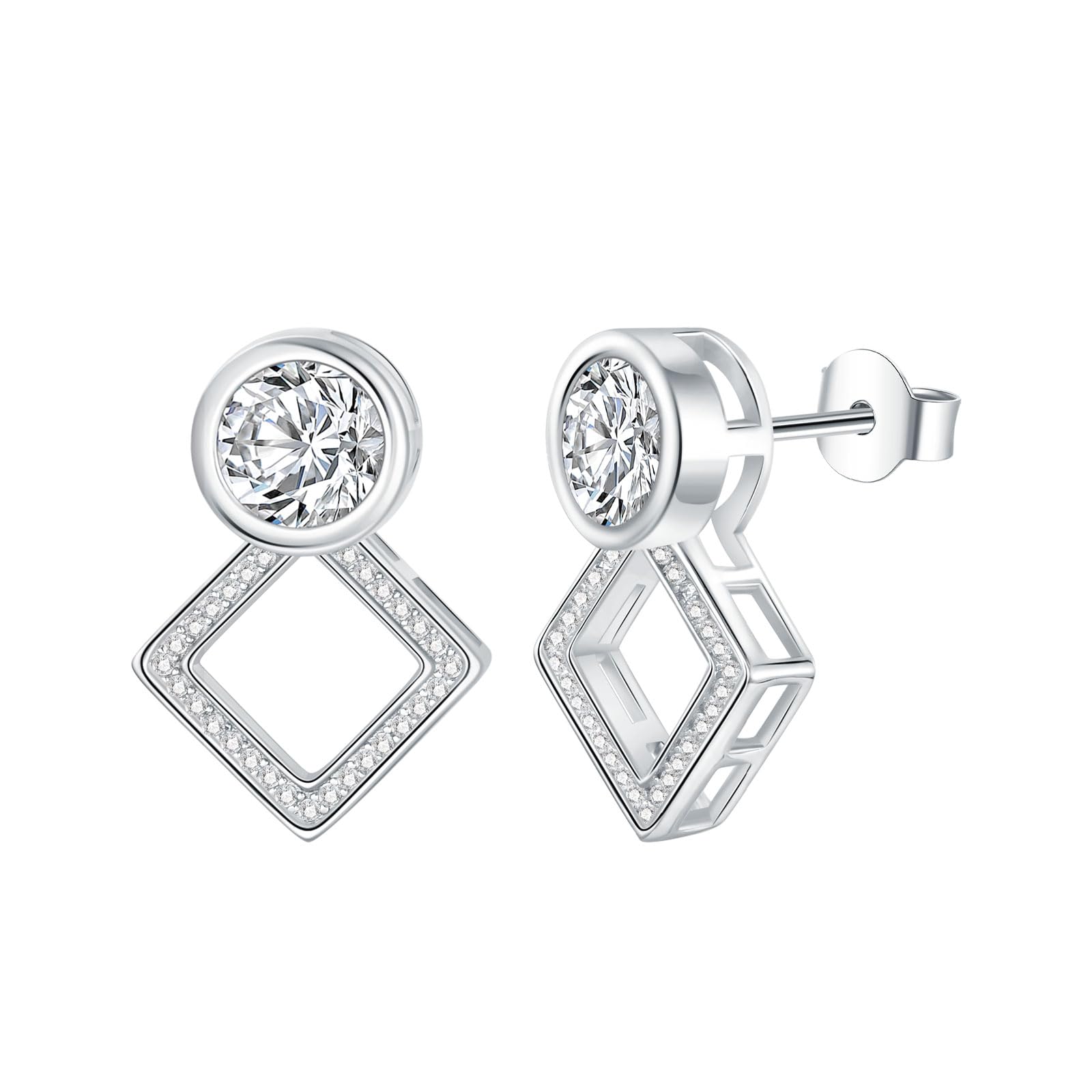 WTYIM 2CT Moissanite Diamond Geometric Stud Earrings for Women, 18K White Gold Plated Silver Square Push Back Earrings Birthday Valentine's Day Christmas Jewelry Gifts for Her Wife Girlfriend